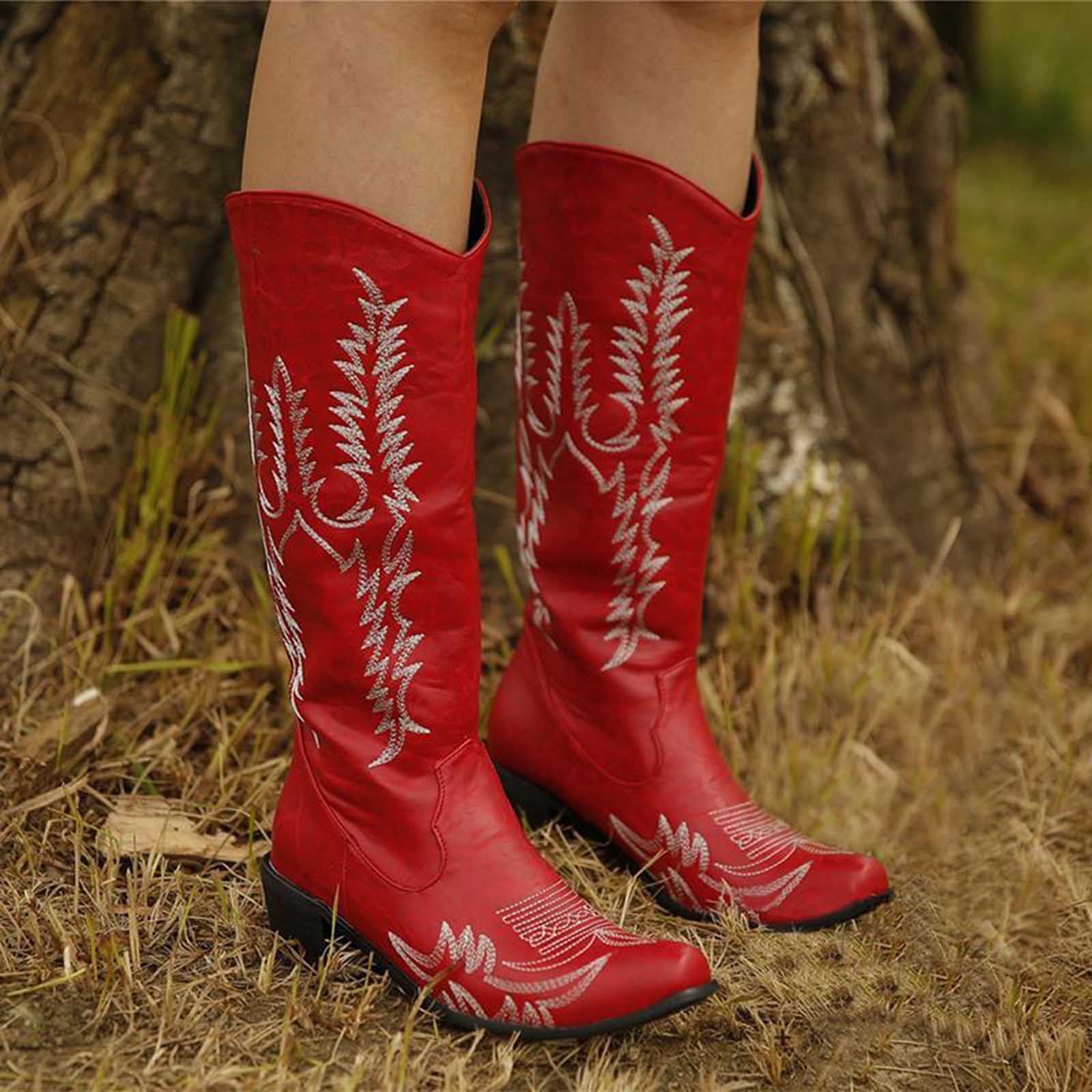 Miluxas Women's Cowboy Boots Clearance Mid Calf Cowgirl Boots Embroidery Stitched Square Toe ...