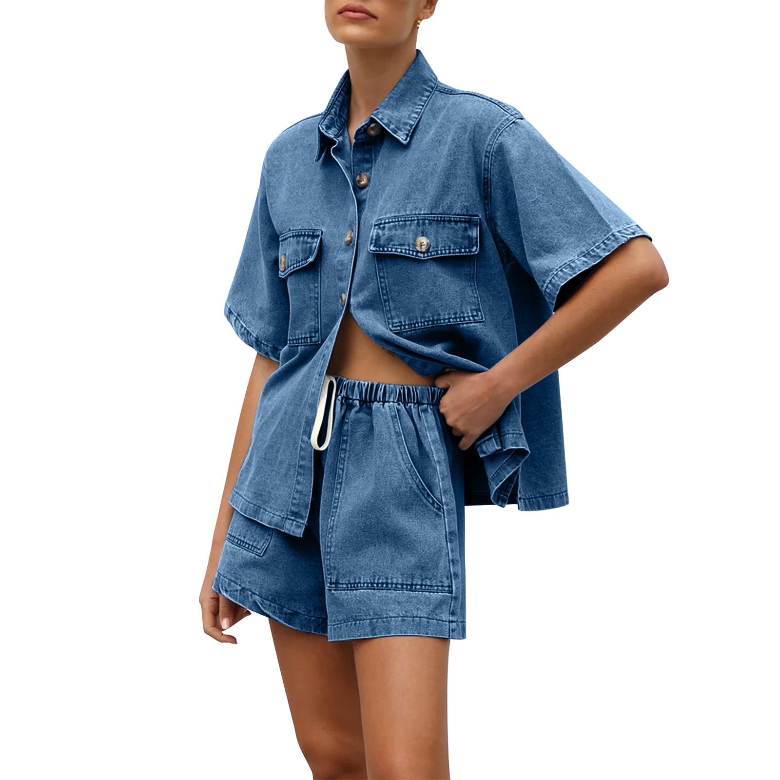 Miluxas Women's Denim 2 Piece Outfits Short Sleeve Button Down Shirt ...