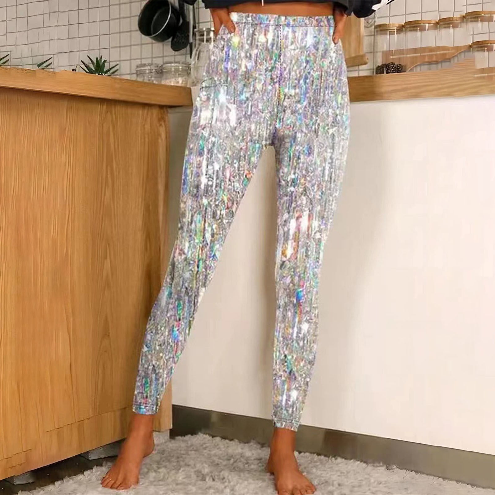 Miluxas Women's Elegant High Elastic Waist Sequins Pants Solid Skinny ...