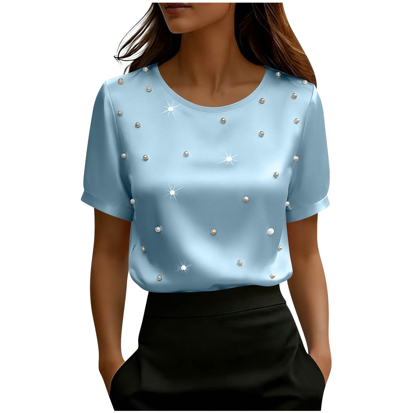 Miluxas Women's Elegant Puff Sleeve Pearls Beaded Round Neck Blouse Top ...