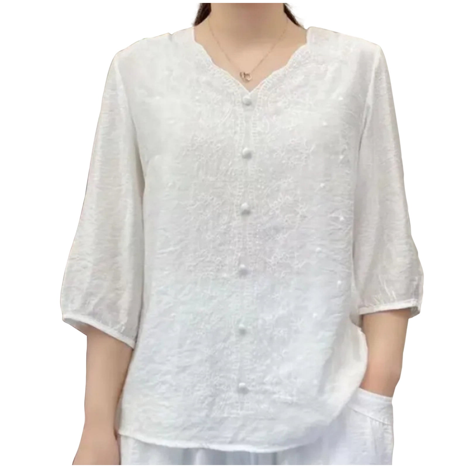 Miluxas Women's Embroidery V Neck Cotton Linen Tunic Long Tops ...