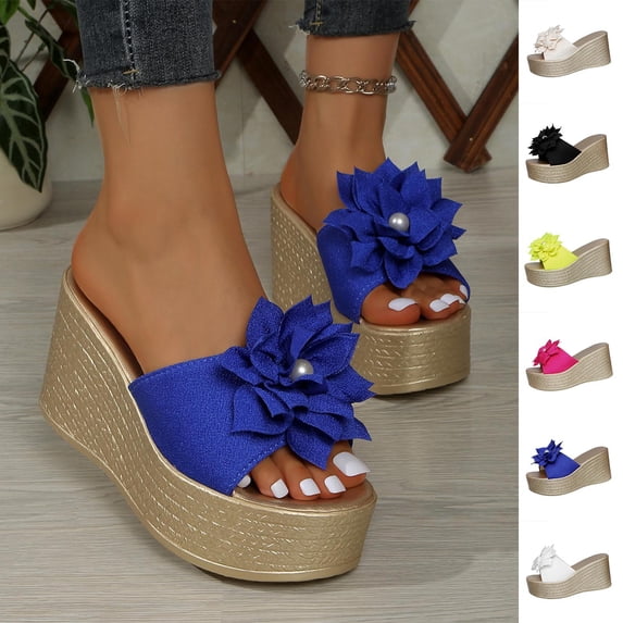 Miluxas Women's Floral Embellished Wedge Slides, Pearl Detail Open Toe ...
