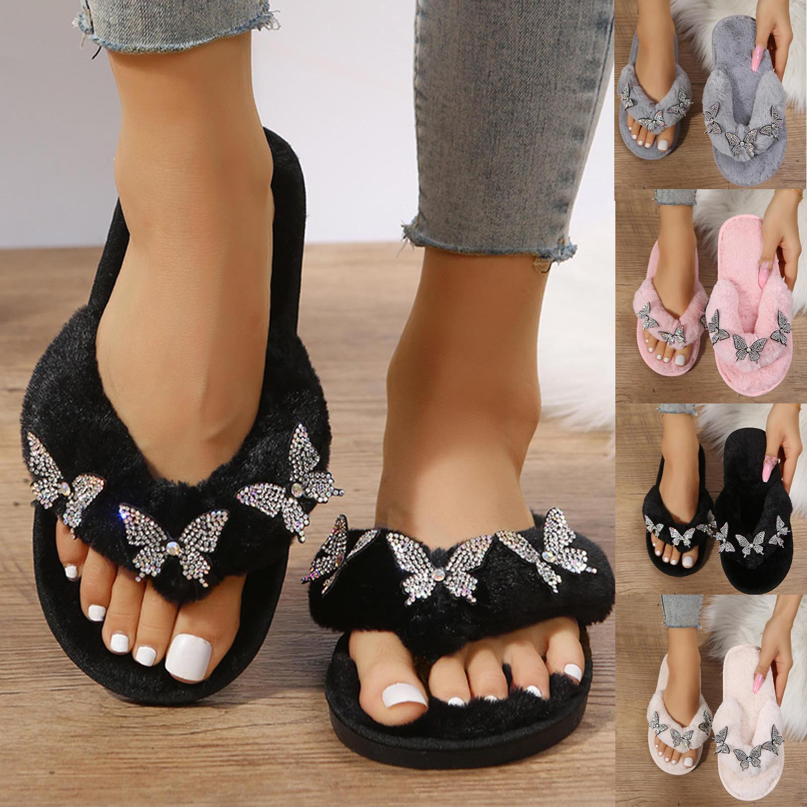 Miluxas Women's Fuzzy Memory Foam Flip Flop Slippers Soft Comfy Open ...