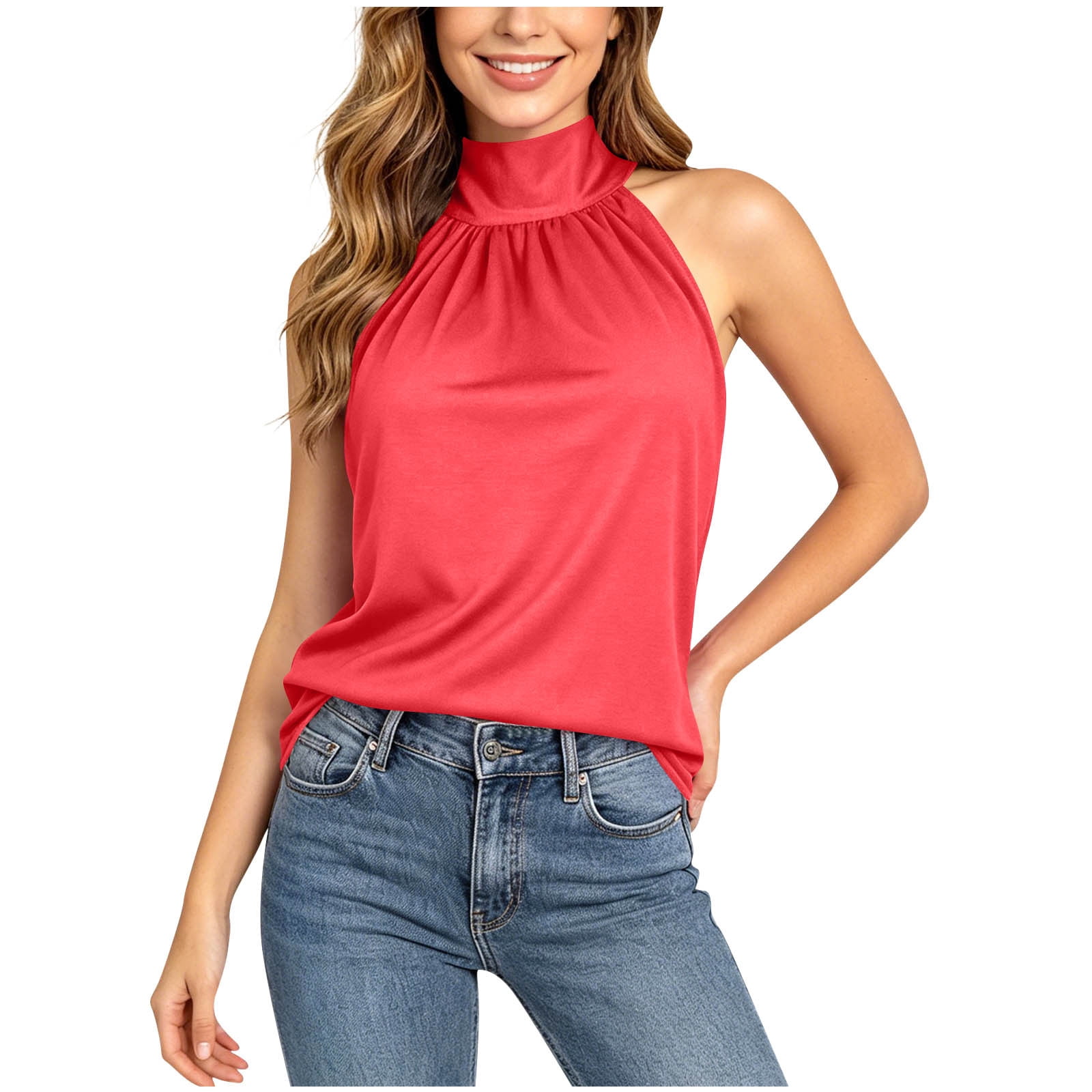 Miluxas Women's Halter Neck Sleeveless Tank Tops Bow Tie Back Loose ...