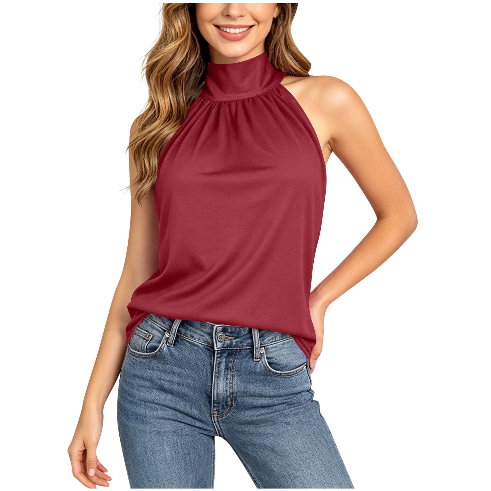 Miluxas Women's Halter Neck Sleeveless Tank Tops Bow Tie Back Loose ...