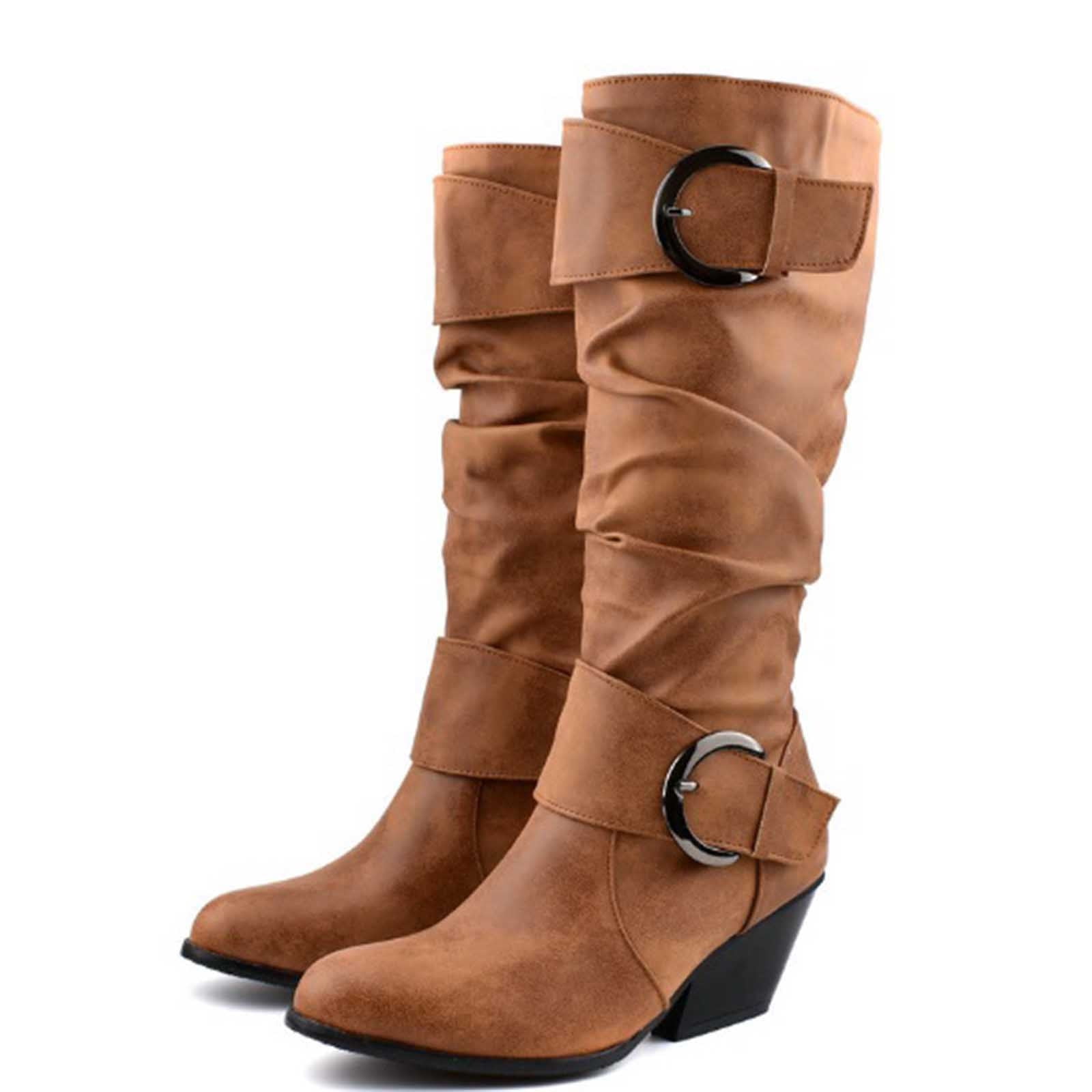 Miluxas Women's Knee High Boots Clearance Belt Buckles Low Heel Slouch ...