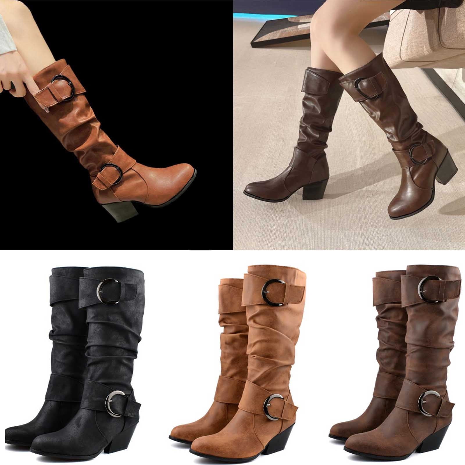 Miluxas Women's Knee High Boots Clearance Belt Buckles Low Heel Slouch ...