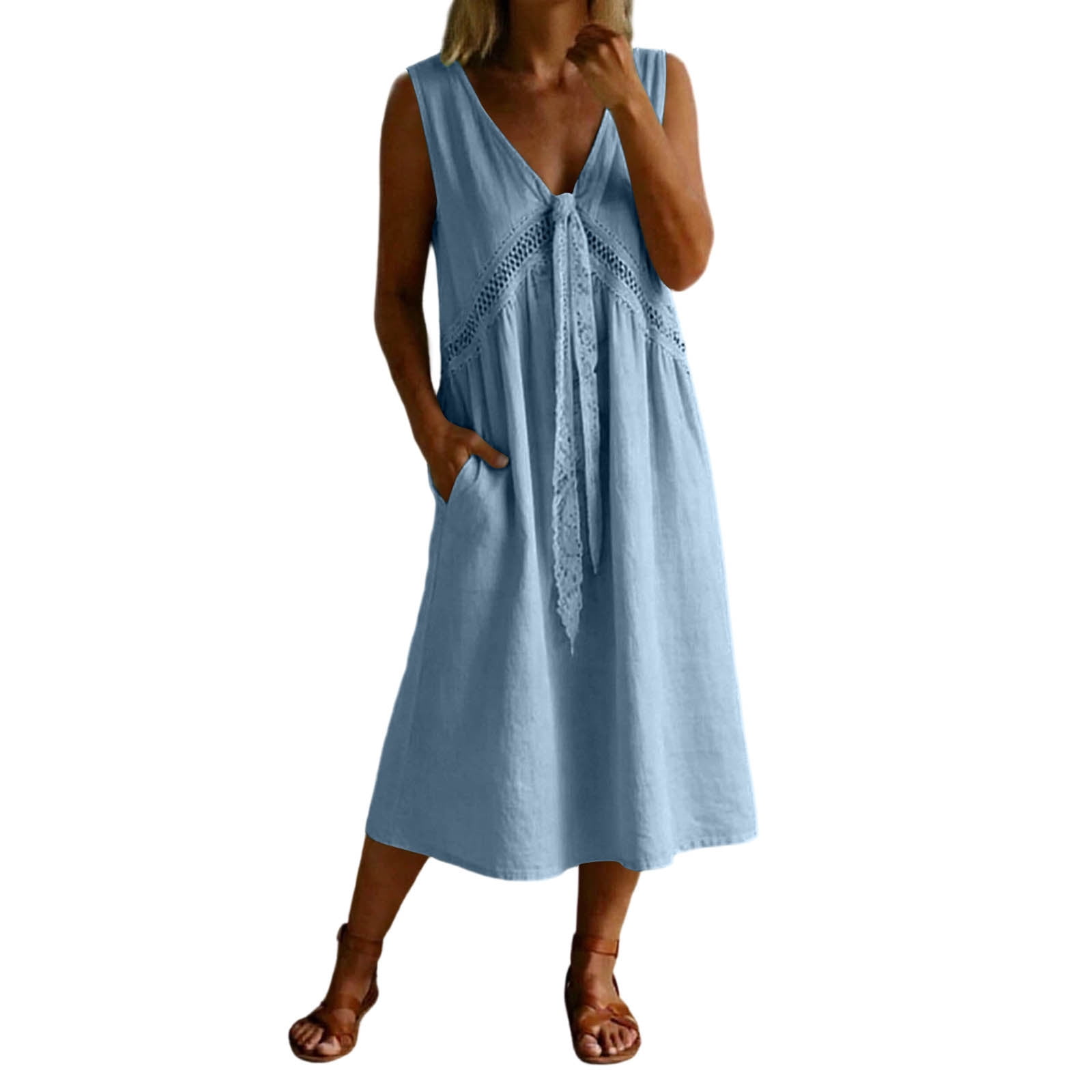 Miluxas Women's Lace Trim Sleeveless Midi Dress V Neck Front Tie A Line ...