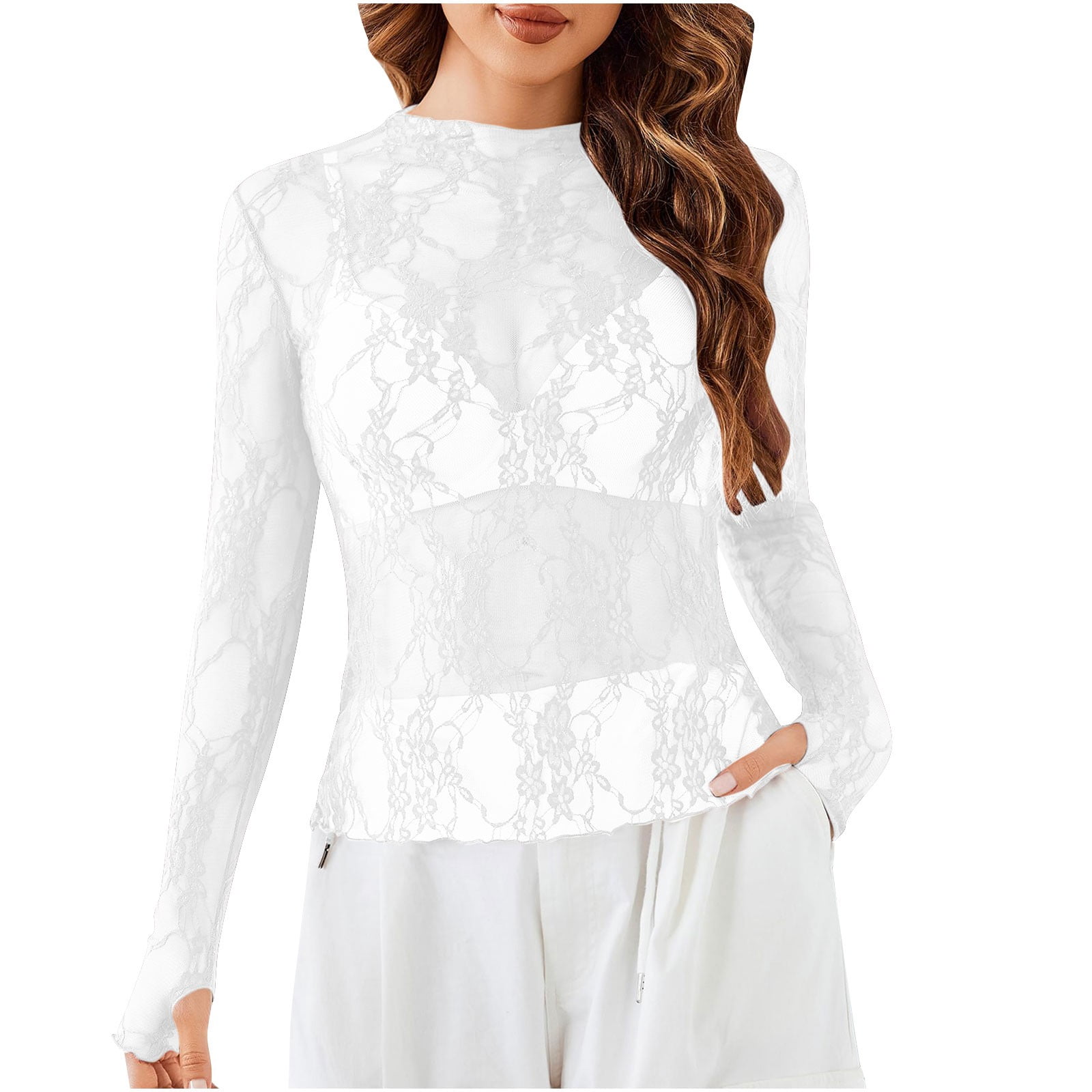 Miluxas Women's Mesh Top Clearance Long Sleeve Mock Neck Sheer Blouse ...
