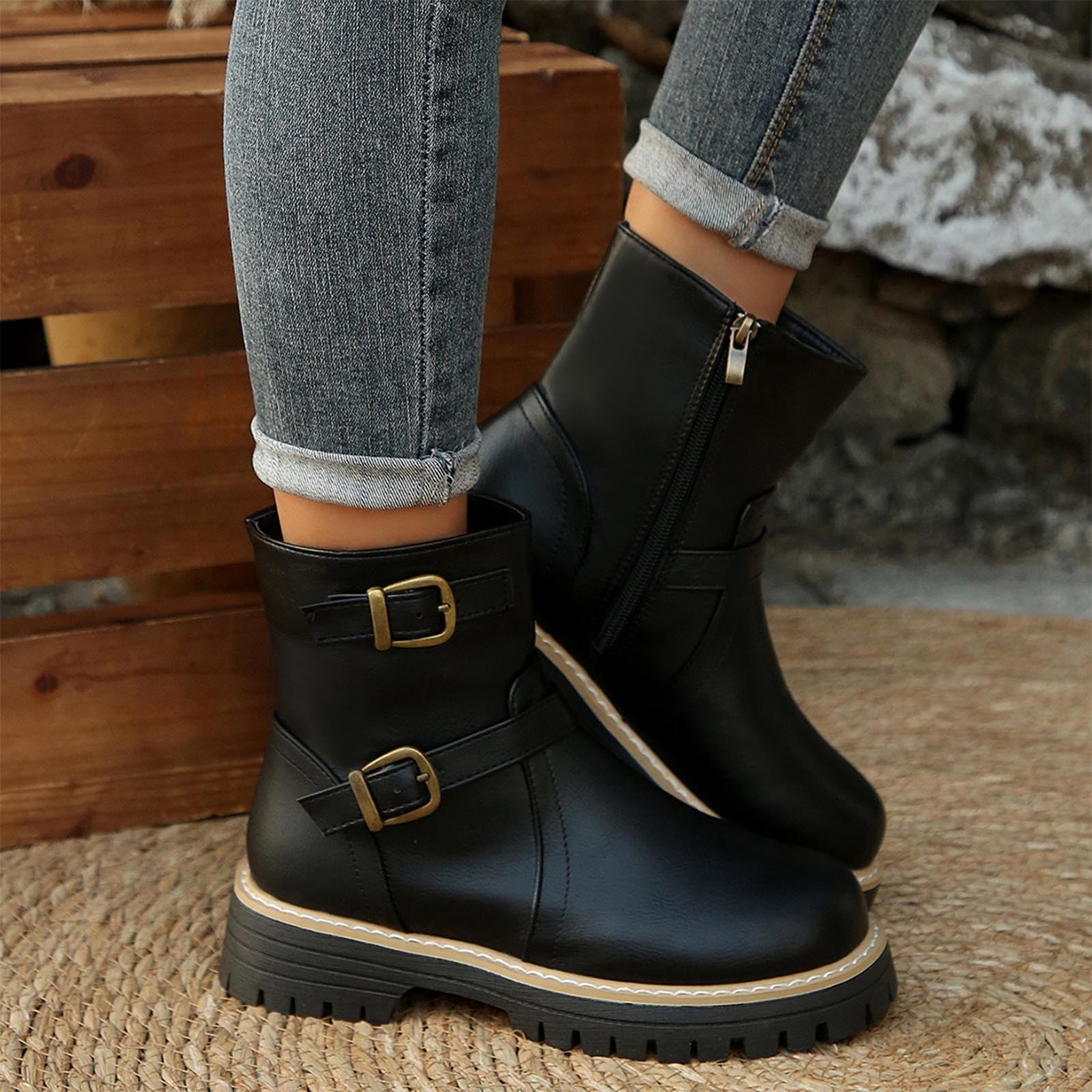 Miluxas Women's Motorcycle Boots Mid Calf Leather Biker Boots - Stylish ...