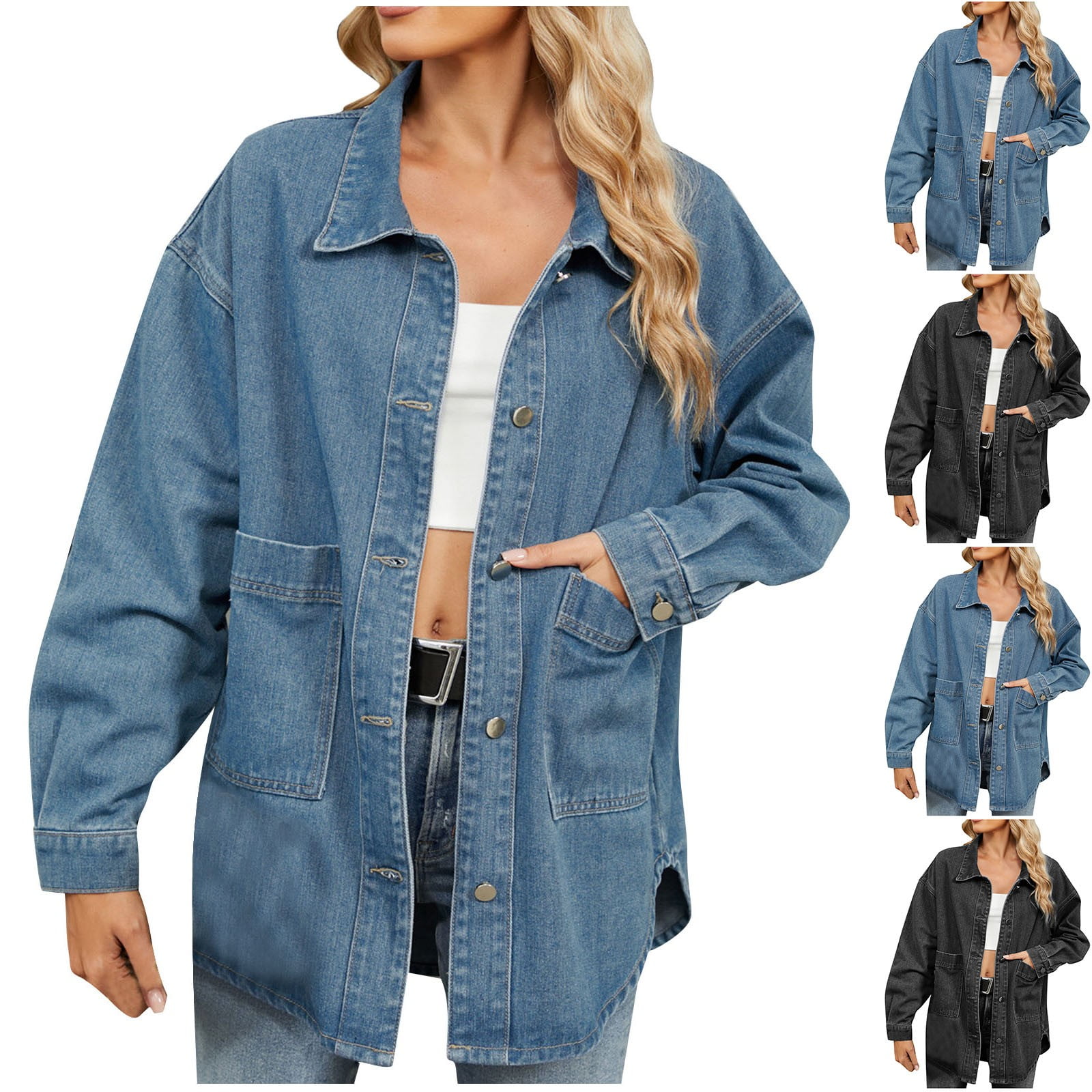 Miluxas Women’s Oversized Denim Jacket Button Up Frayed Hem Shacket ...