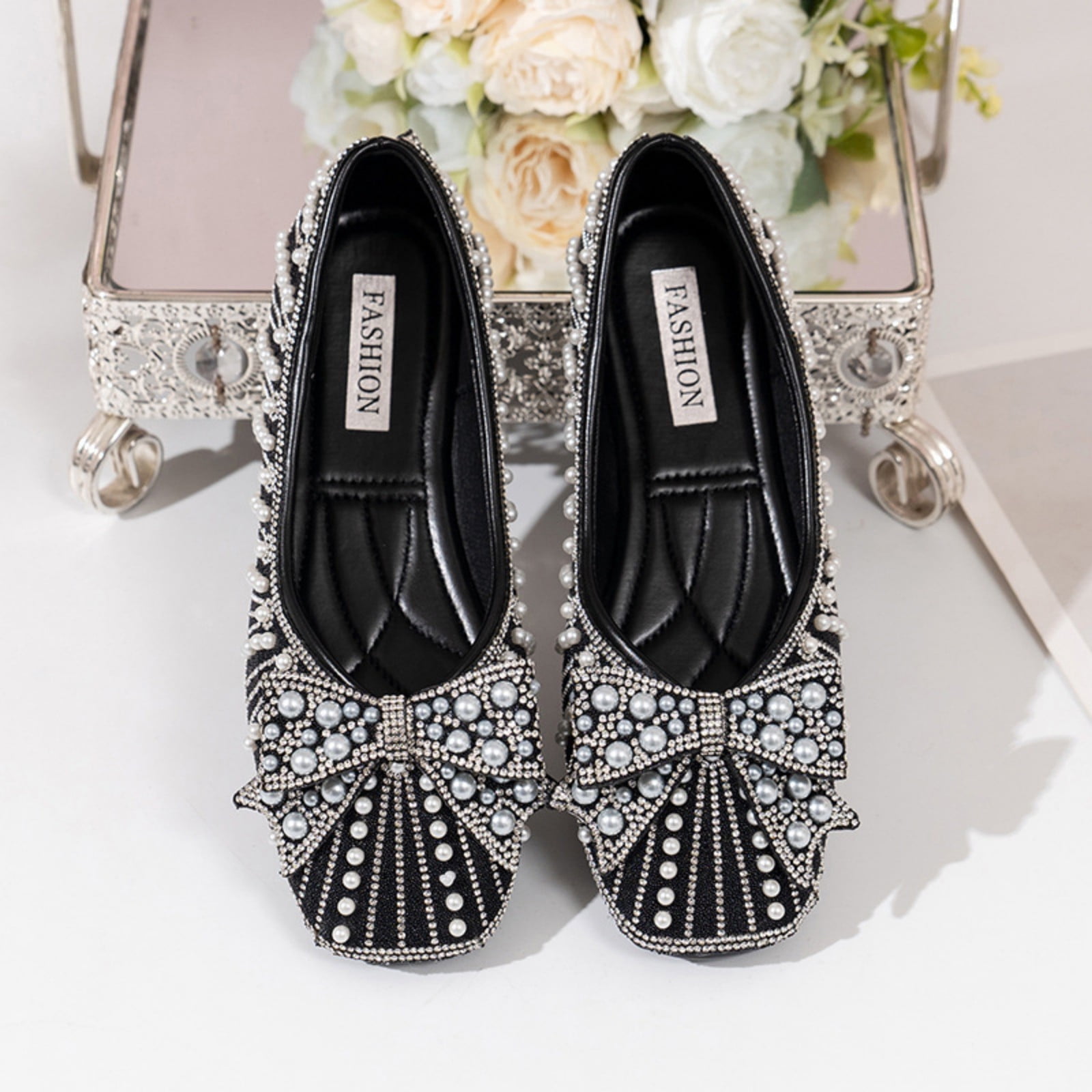 Miluxas Women's Rhinestone Flats Pointed Toe Low Heel Wedding Flats ...