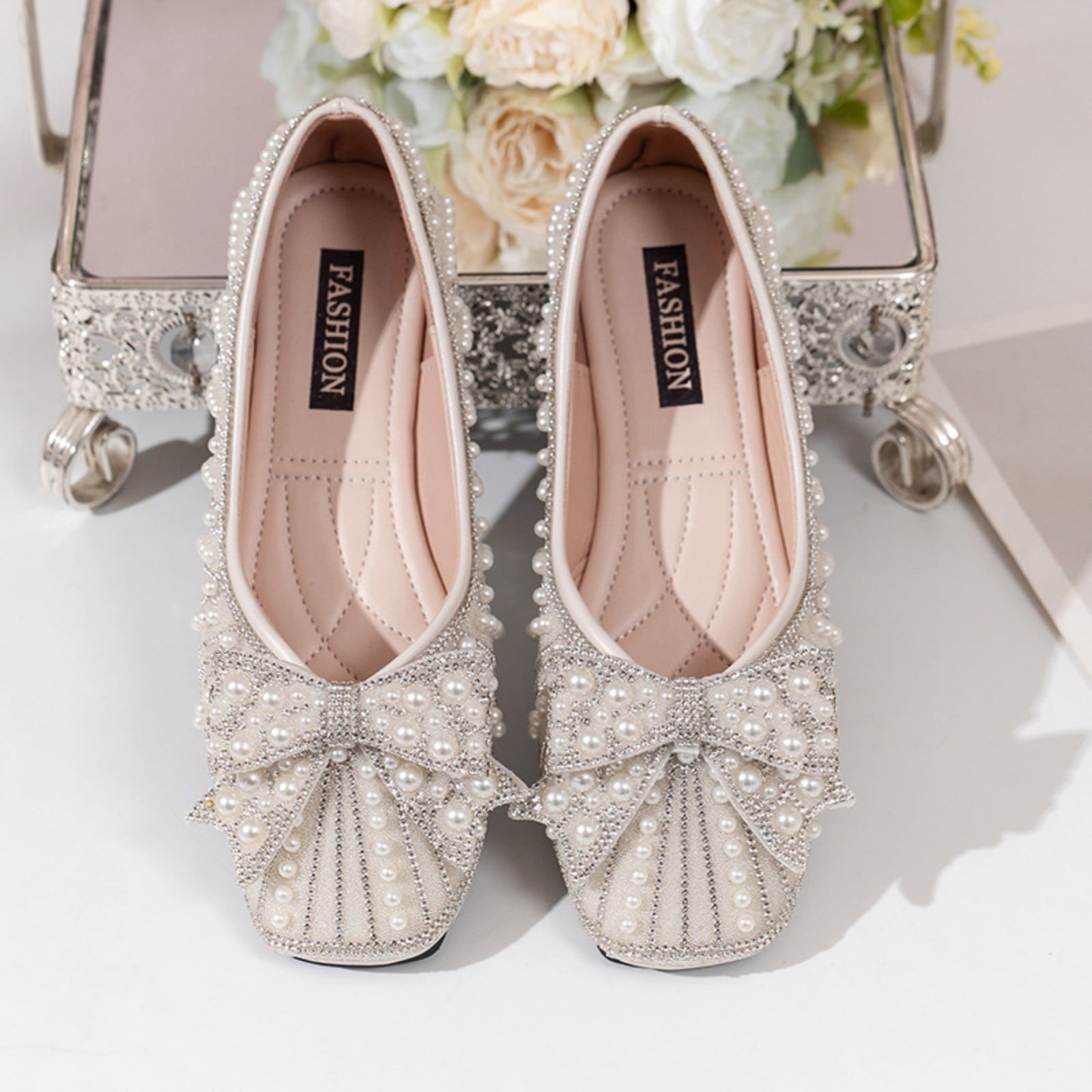 Miluxas Women's Rhinestone Flats Pointed Toe Low Heel Wedding Flats ...