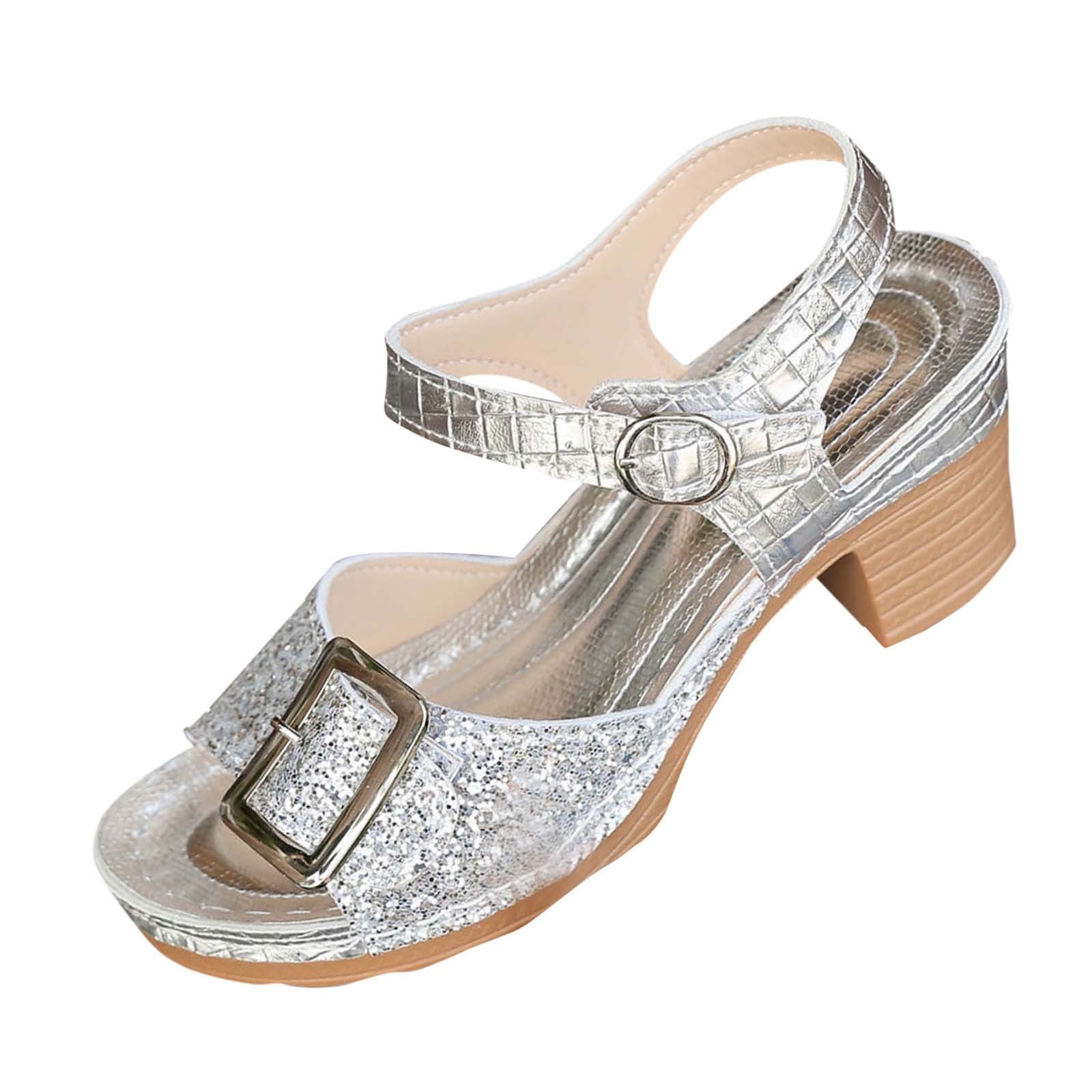 Miluxas Women's Round Open Toe Sandals Block Chunky Low Heeled Sequin ...