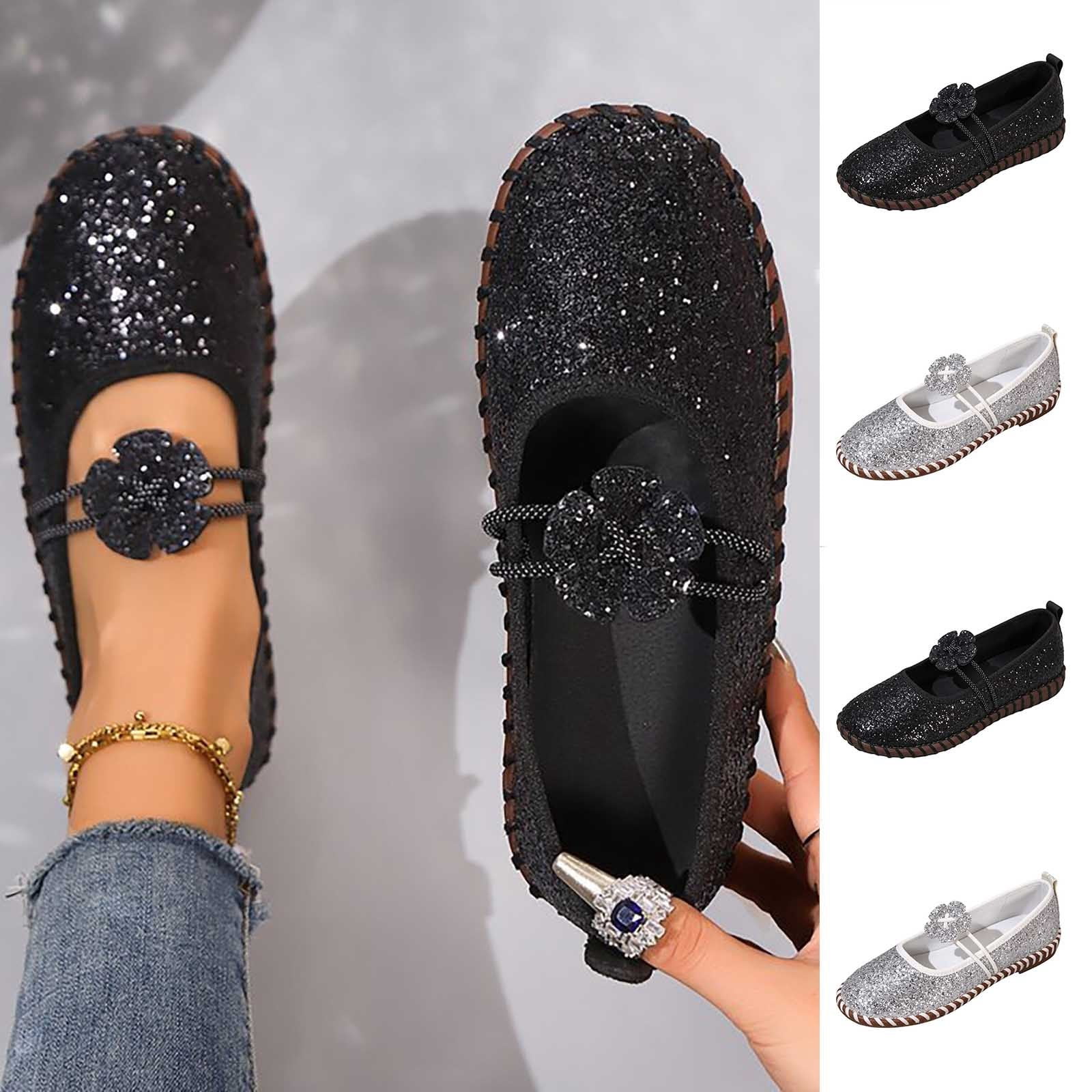 Miluxas Women's Shiny Sequin Rhinestone Floral Flat Shoes, Elastic Band ...