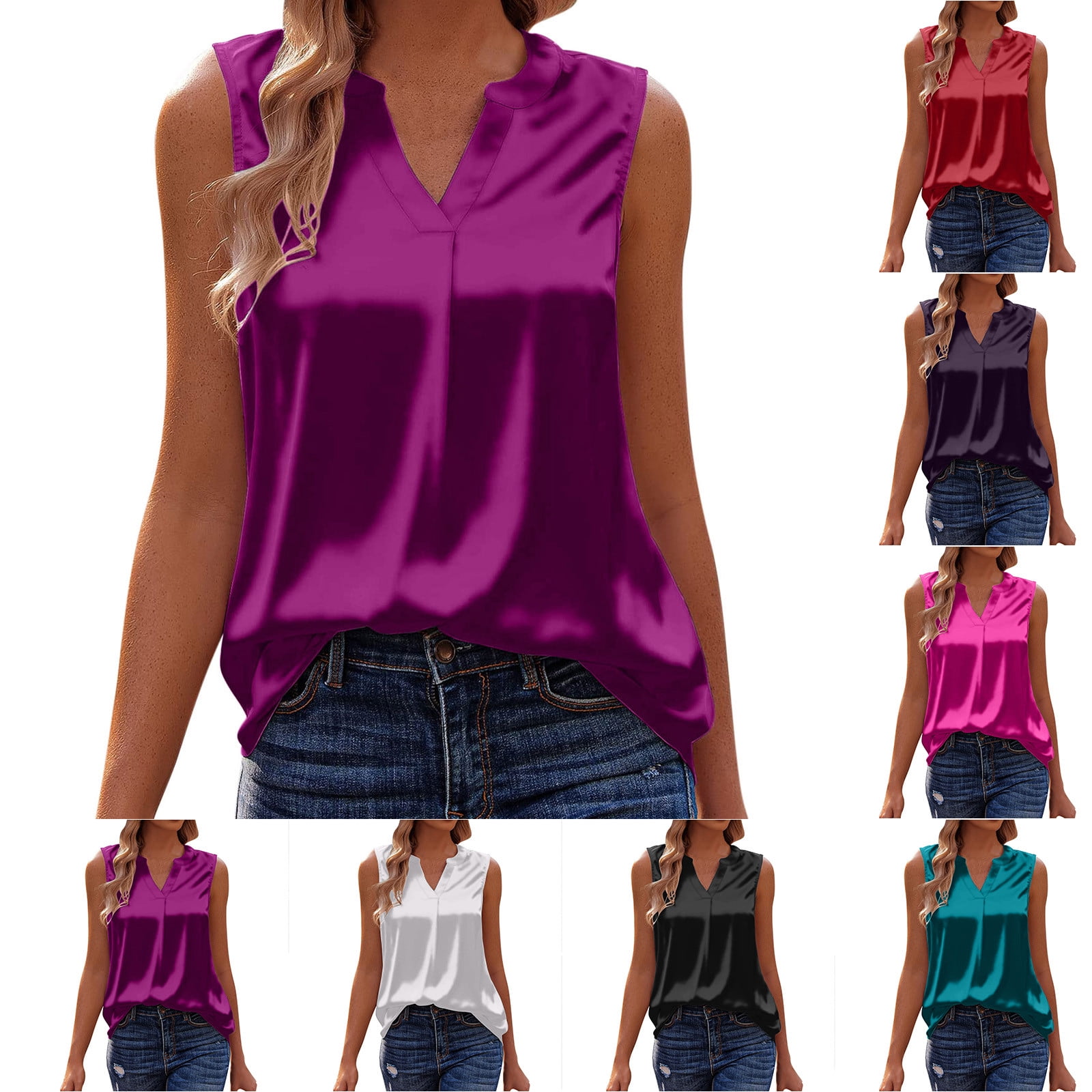 Miluxas Women's Silk Satin Tank Tops Clearance V Neck Sleeveless Down Blouse Causal Summer Cami ...
