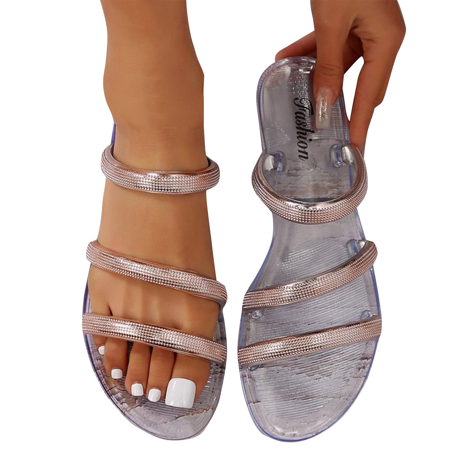 Miluxas Women's Strappy Sandals Rhinestone Glitter Flat Sandals Sequin ...