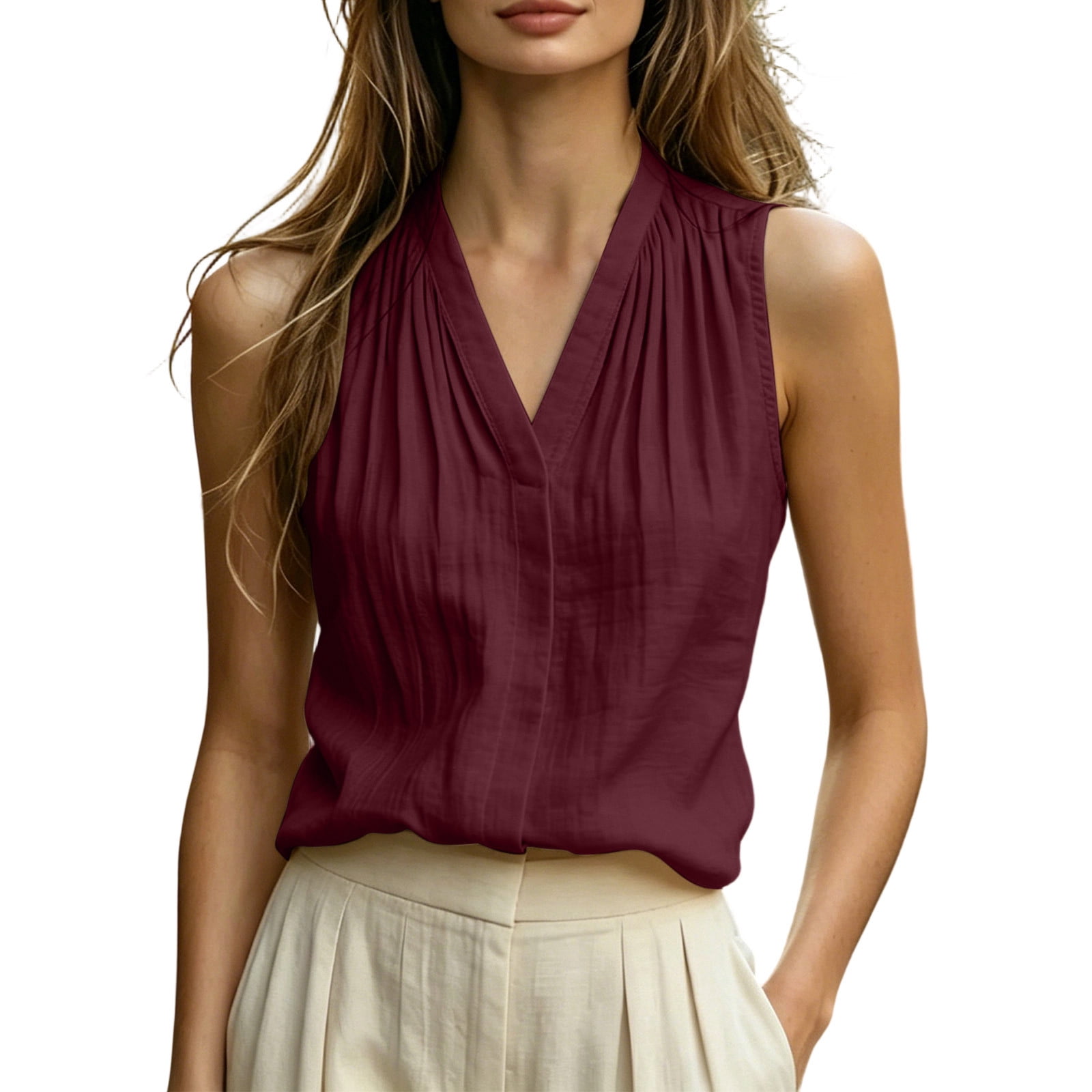 Miluxas Women's V Neck Sleeveless Blouse Pleated Front Loose Tunic ...