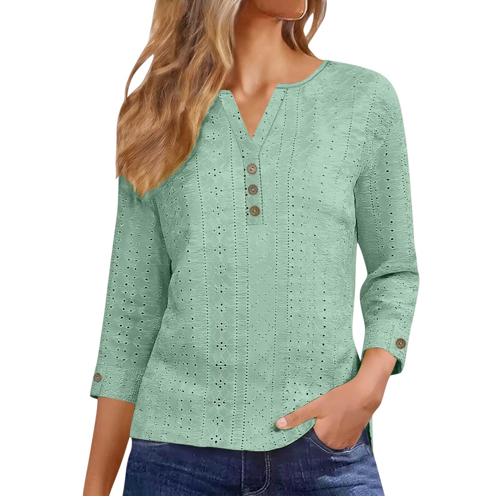 Miluxas Womens Eyelet Tops 3/4 Sleeve Button Down V Neck Henley Shirts ...