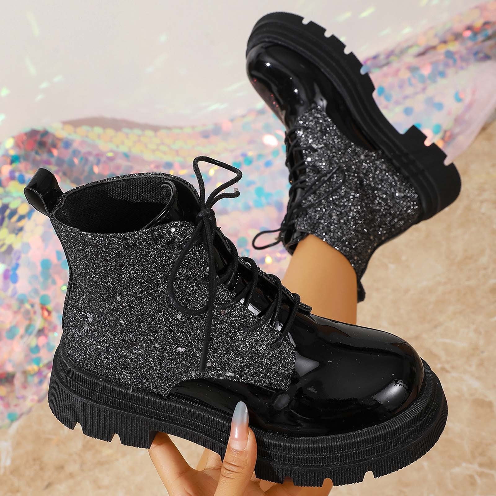 Miluxas Womens Fashion Shiny Leather Lace-Up Platform Ankle Boots Round ...