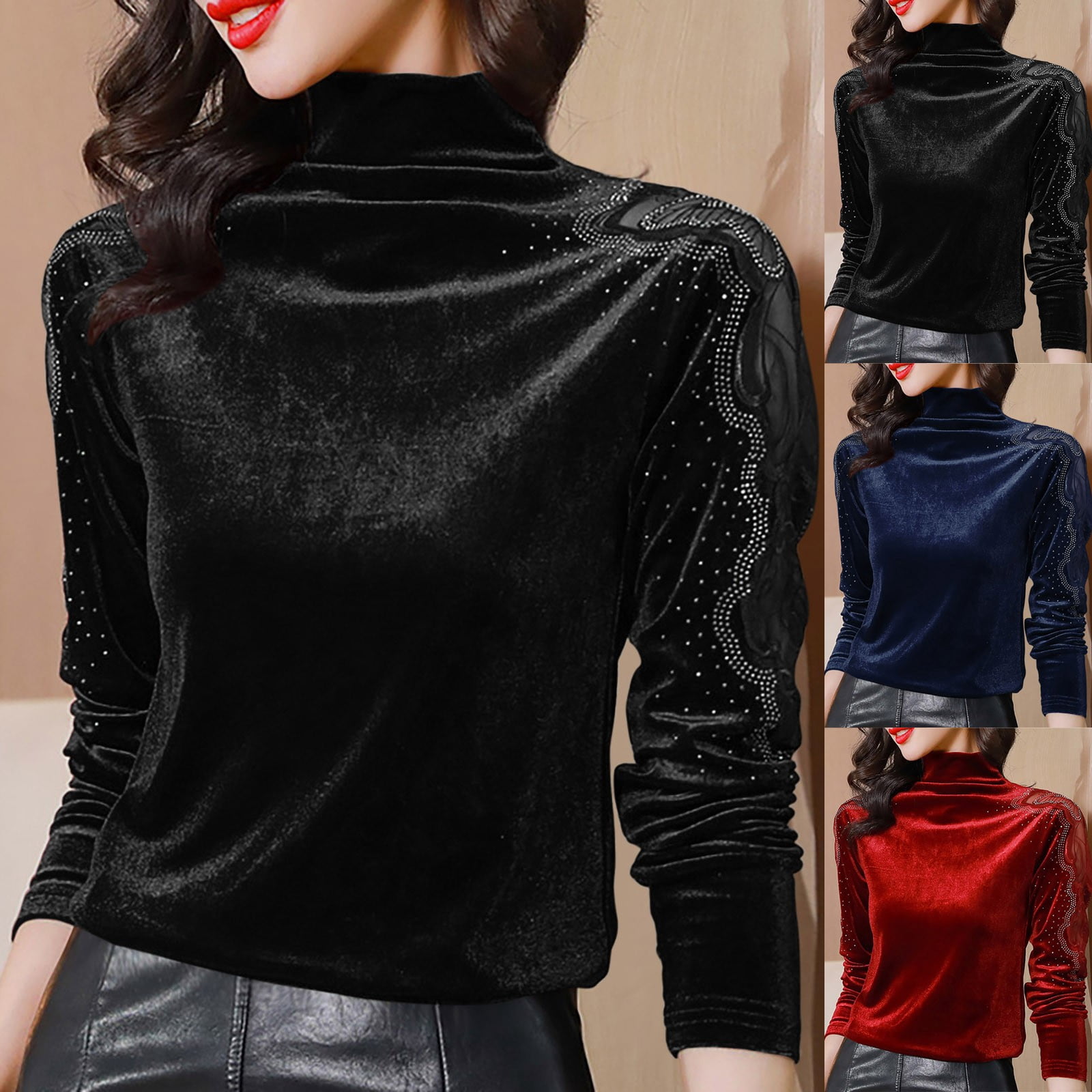 Miluxas Womens Mock Neck Puff Long Sleeve Velvet Tops Clearance Fall ...