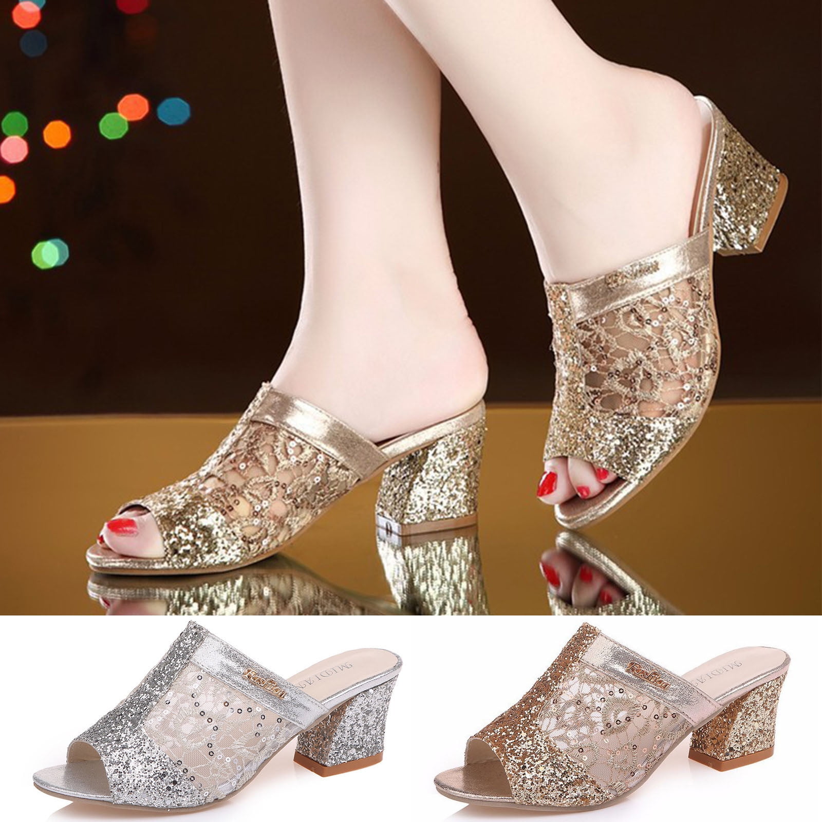 Miluxas Womens Sequin Slide Sandals Mesh Chunky Heels Mules Square Open ...