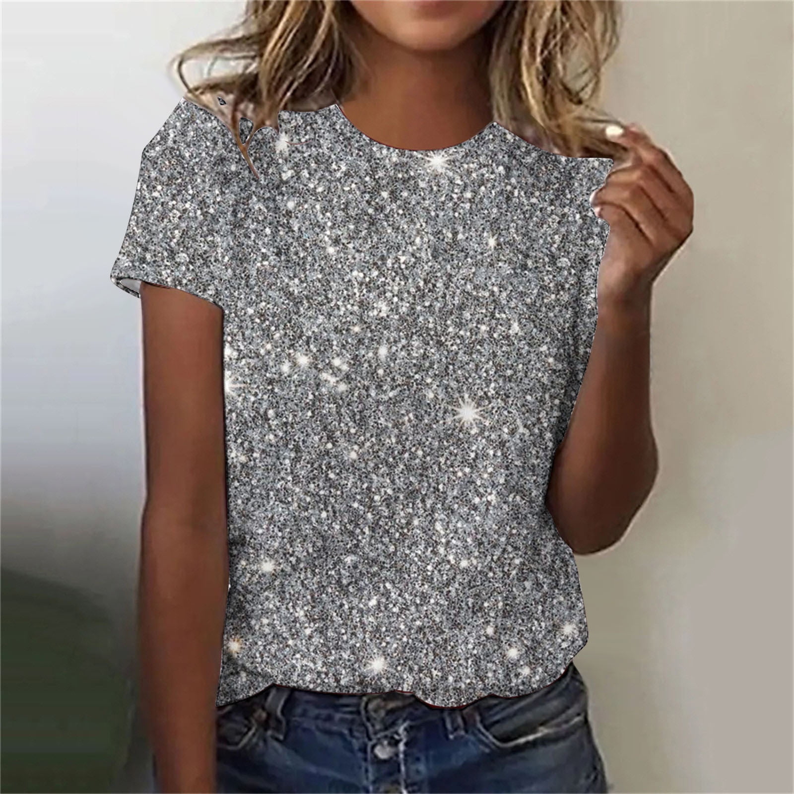 Miluxas Womens Sequin Tops Short Sleeve Shimmer Glitter Tops Sparkly ...