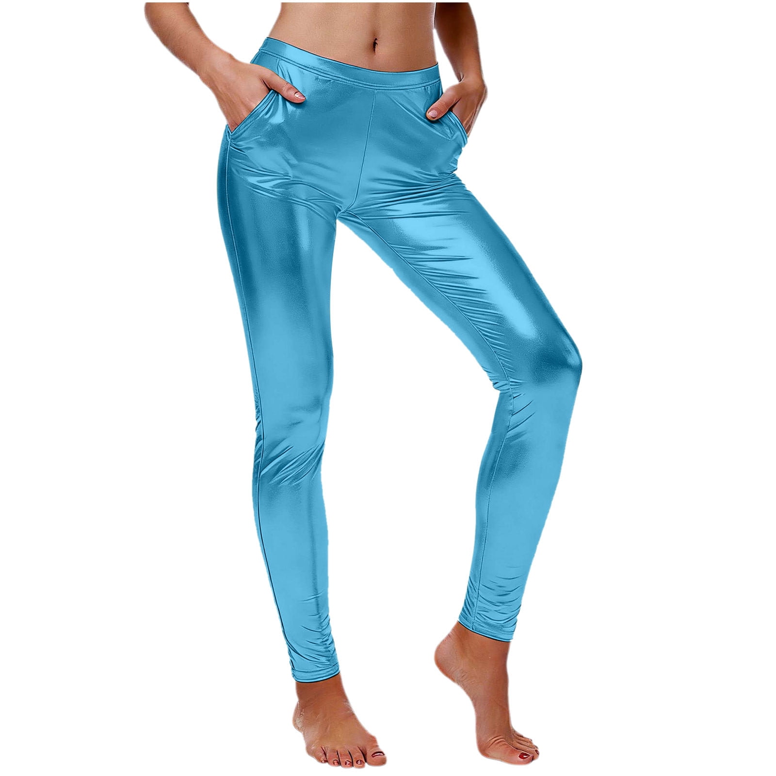 Miluxas Womens Shiny Metallic Glossy Leggings Solid Color Waist Stretch ...