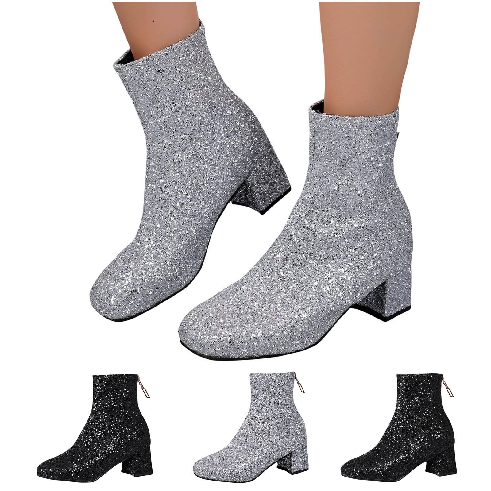 Miluxas 2025 Clearance! Womens Sparkly Ankle Boots Clearance Chunky ...