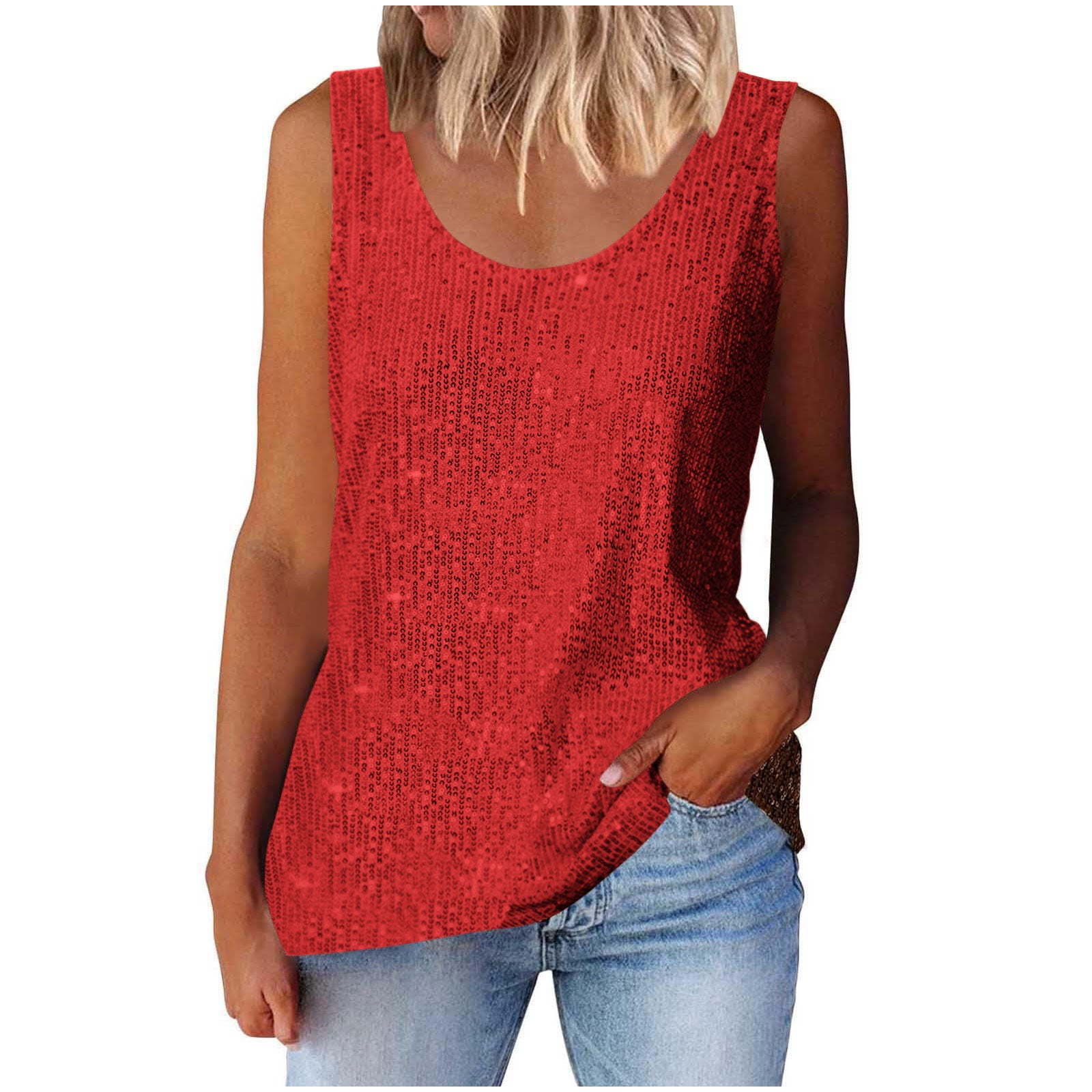 Miluxas Womens Summer Fashion Sequin Tops Scoop Neck Sequin Sparkle ...