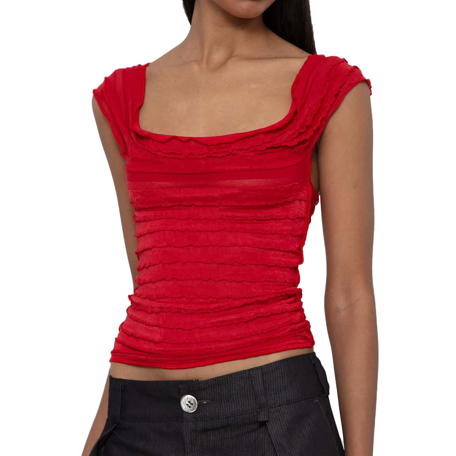 Miluxas Womens's Y2k Multi Tiered Layered Crop Tops Cap Sleeve Lace ...