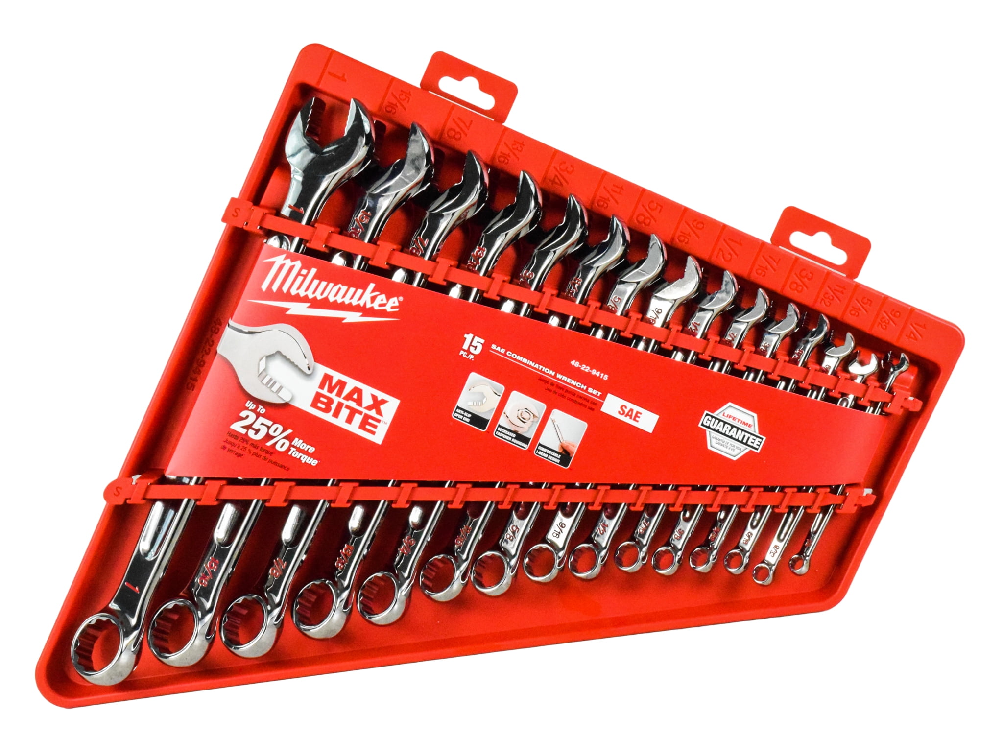 Milwaukee 48-22-9415 Combination SAE Wrench Mechanics Tool Set, MAX BITE Open-End Grip, 15-Piece ...