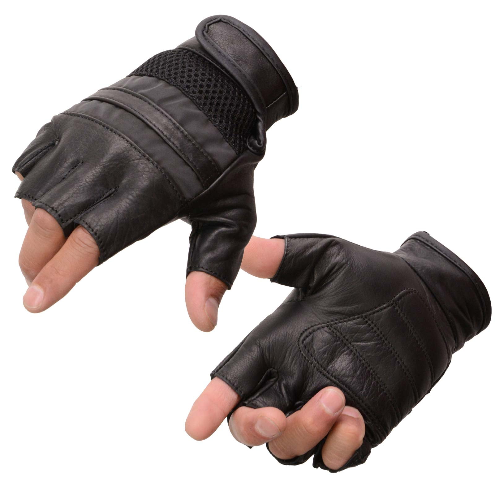 Milwaukee Leather MG7548 Men's Black Leather Mesh Gel Palm Fingerless ...