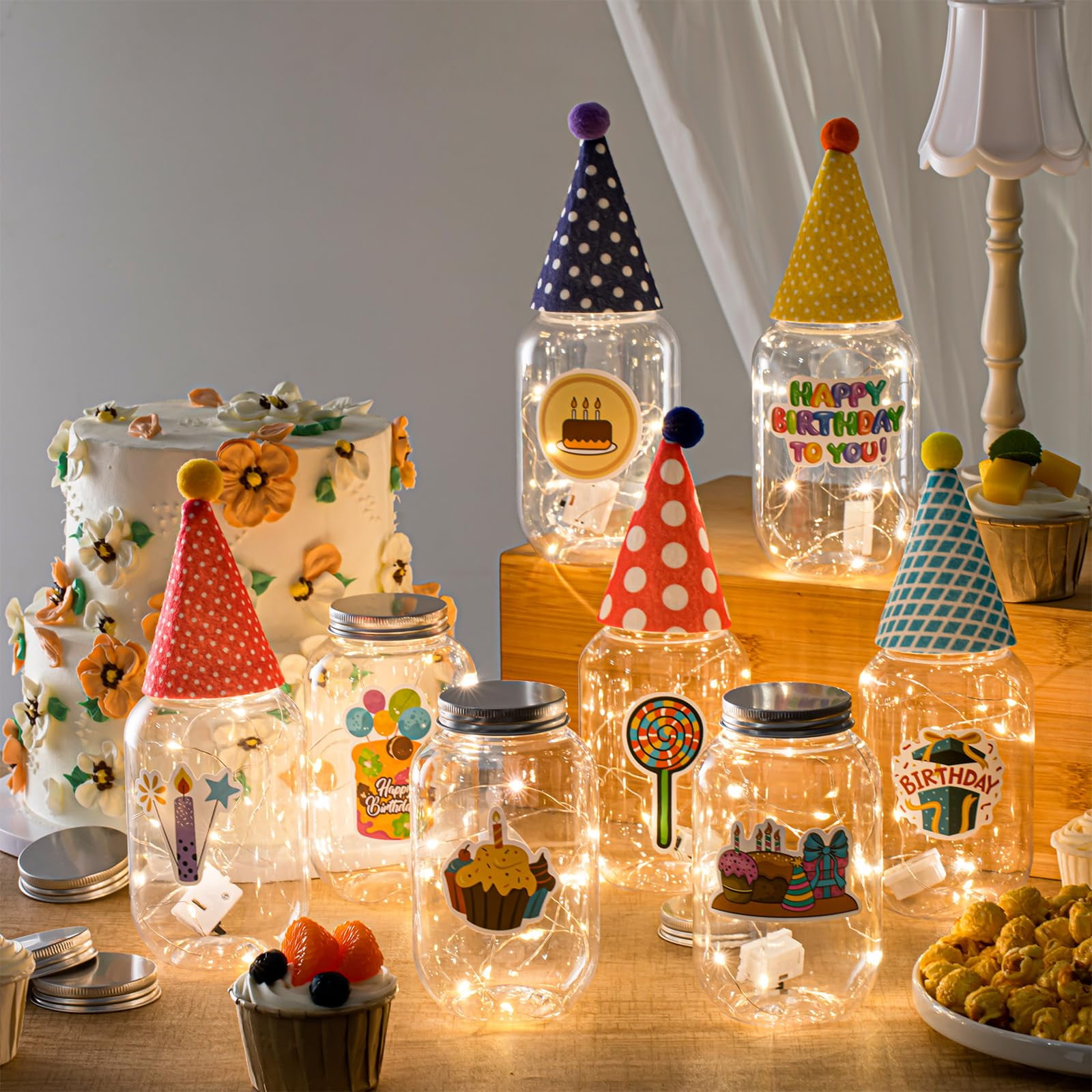 Mimorou 8 PcsEGSC Birthday Jar Gift Party Decor with LED Light Hat ...