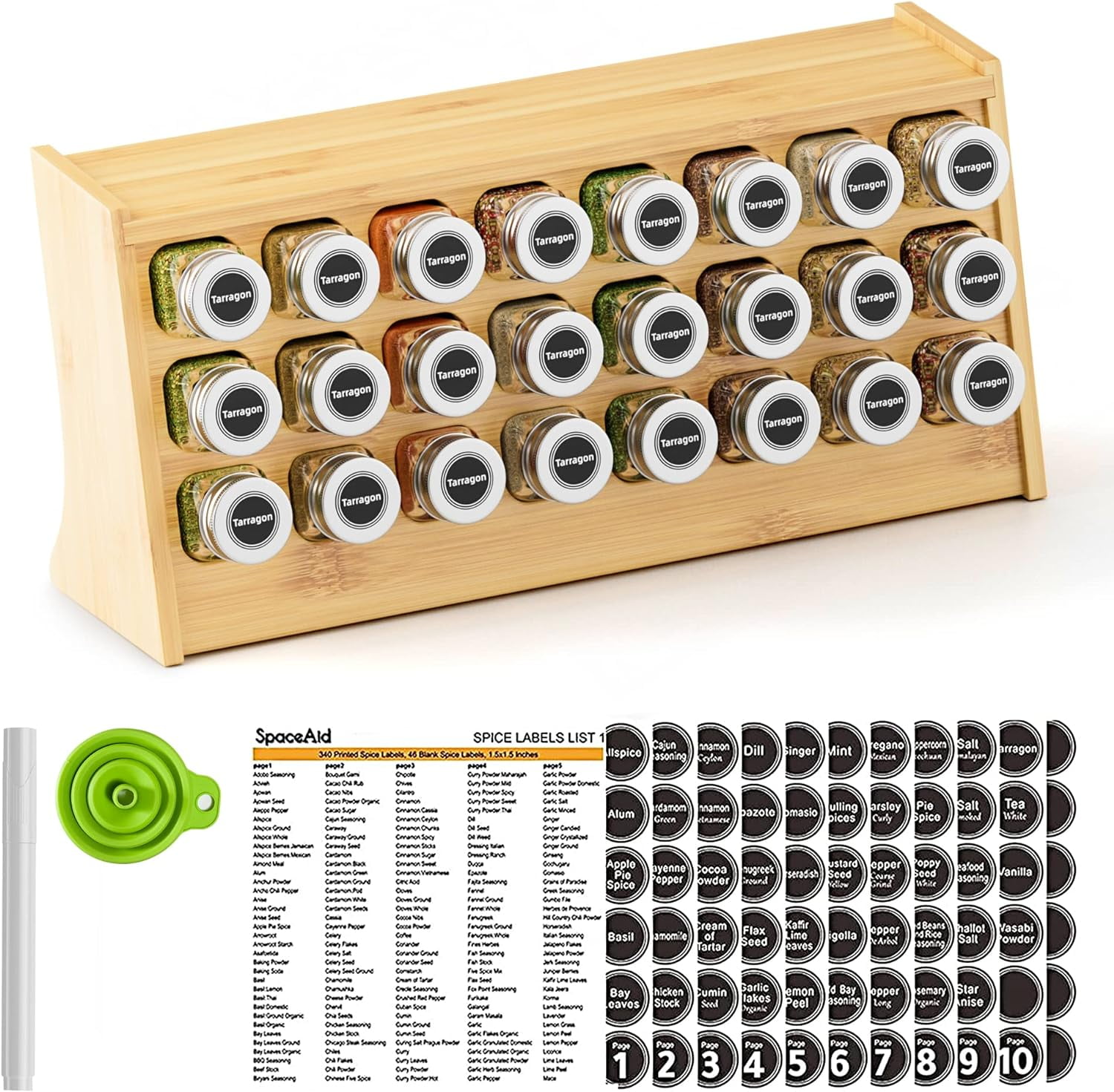 MinBoo Bamboo Spice Rack Organizer Set with 24 Spice Jars, 432 Spice ...