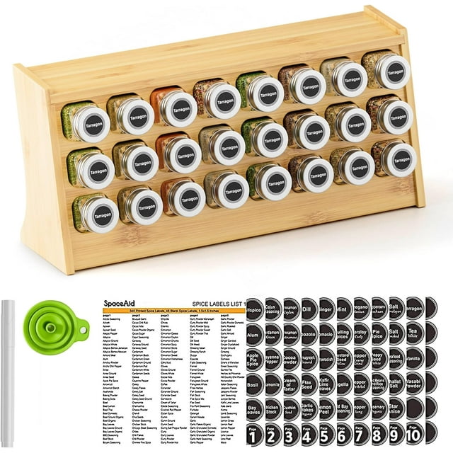 MinBoo Bamboo Spice Rack Organizer Set with 24 Spice Jars, 432 Spice ...
