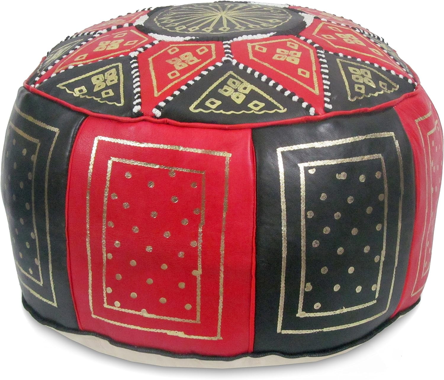 Mina Stuffed Moroccan Golden Fez Leather Pouf Ottoman, 16" Diameter and ...
