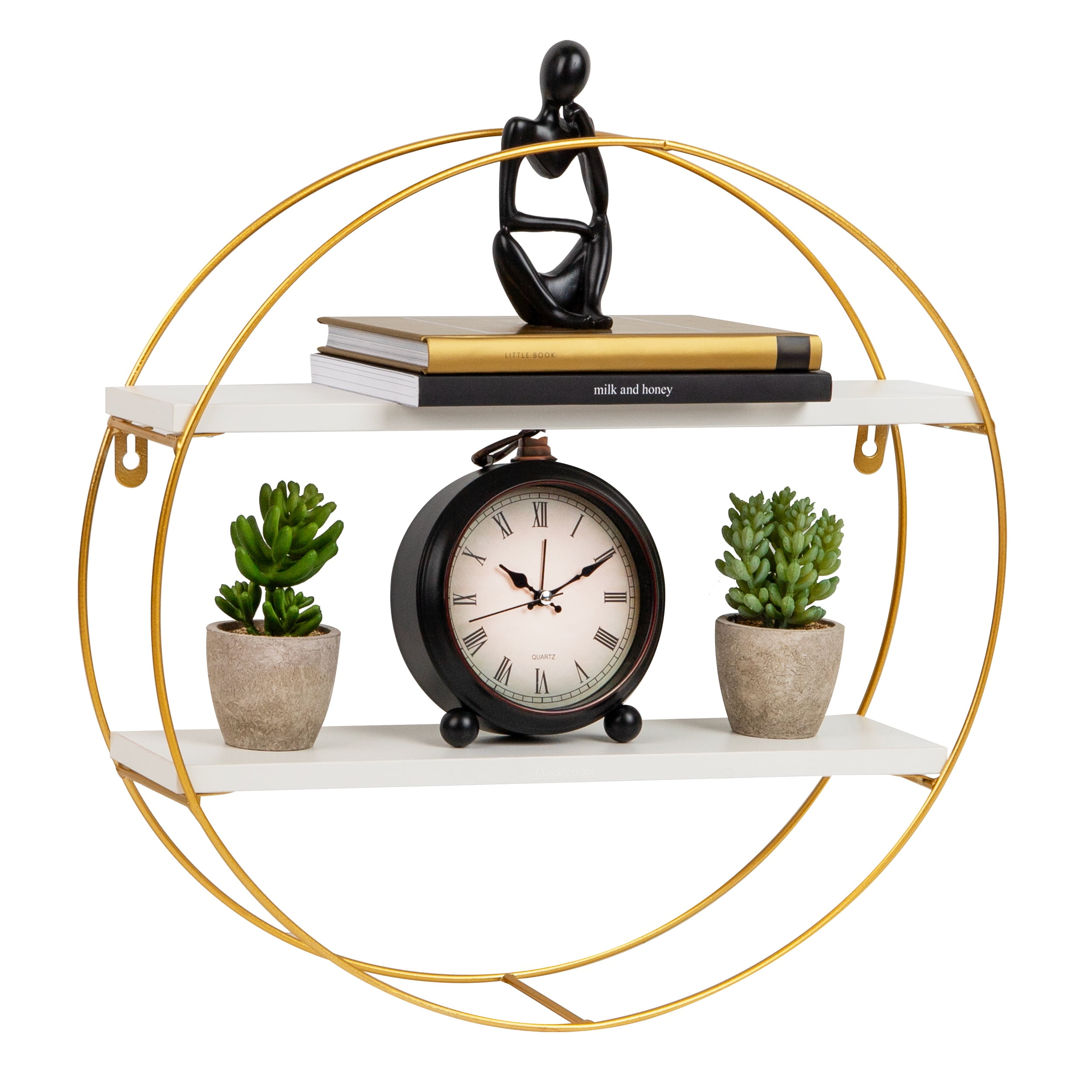 Mind Reader Floating Round Wall Shelves, Gold Metal Frame with Dual ...