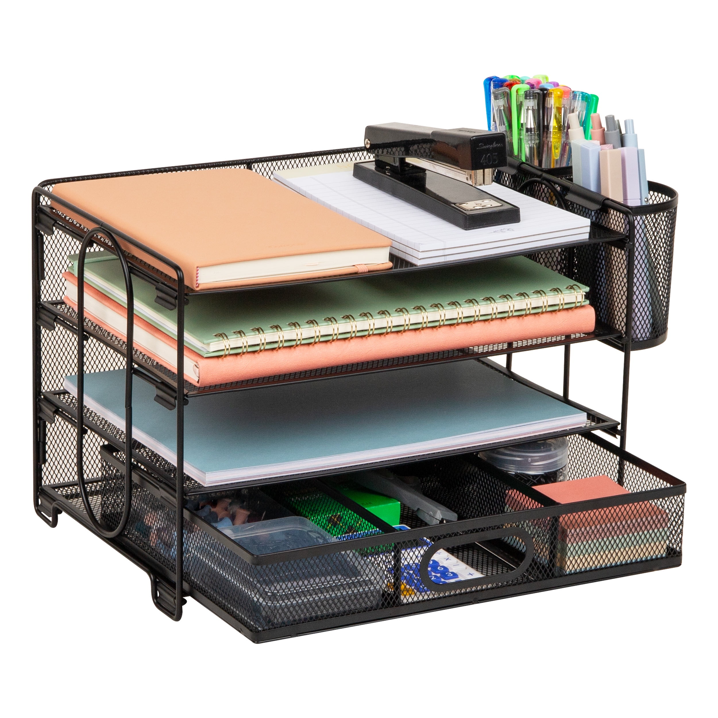 Mind Reader Mesh Desk Organizer, 3 Trays, 1 Drawer, 2 Pen Holders, Office Desktop Organizer ...