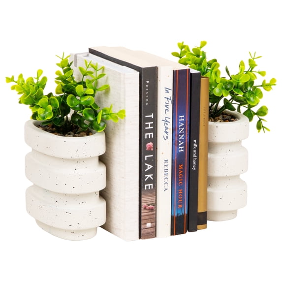 Mind Reader Ribbed Cement Planter Bookends, Faux Greenery for Shelves ...