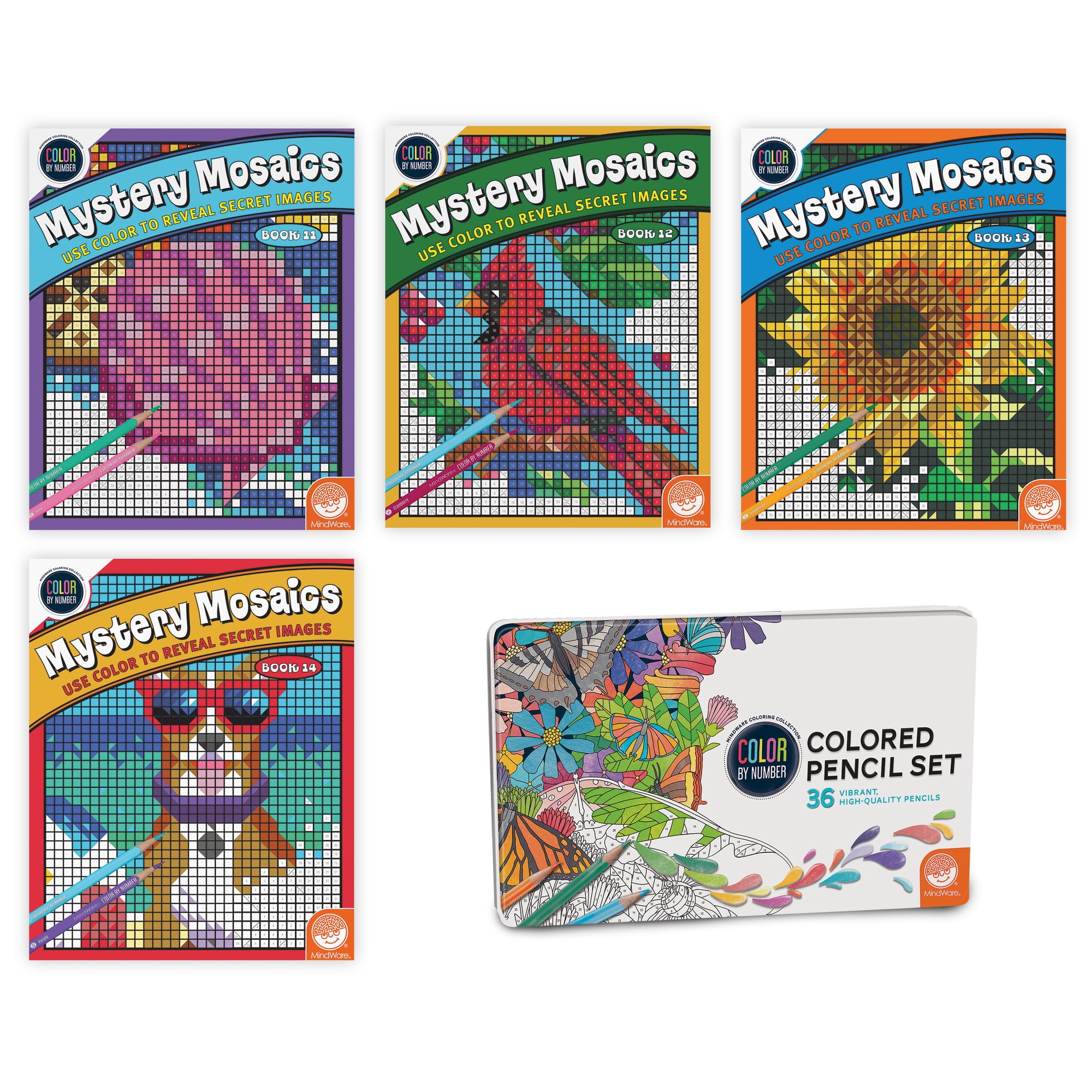 MindWare CBN Mystery Mosaics: Books 11 - 14 with 36 Colored Pencils Set ...