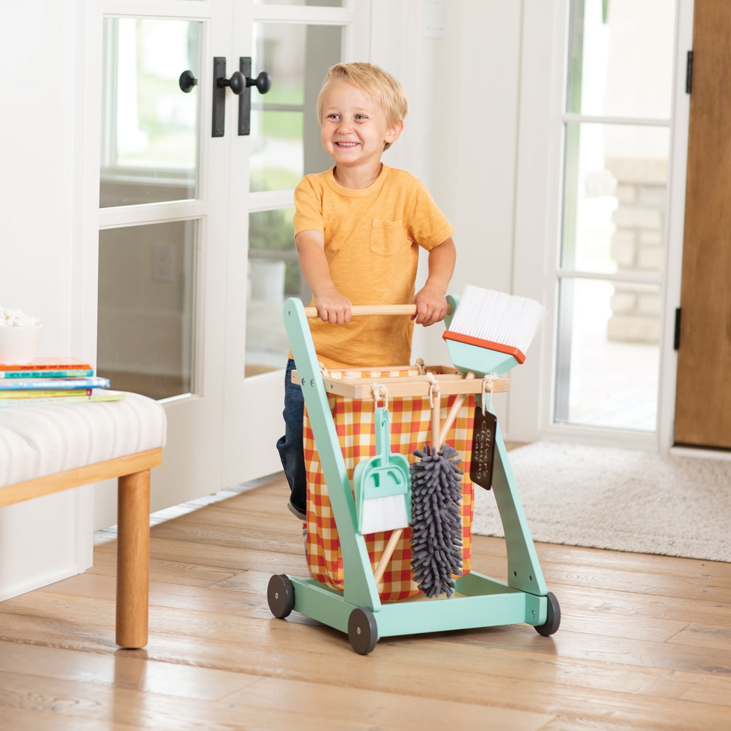 MindWare Toy Cleaning Cart Set - Wood Cart, Handle Bar 22.5” Tall, Cart ...