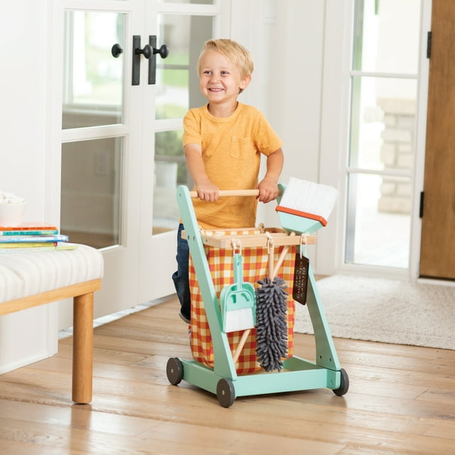 MindWare Toy Cleaning Cart Set - Wood Cart, Handle Bar 22.5” Tall, Cart ...