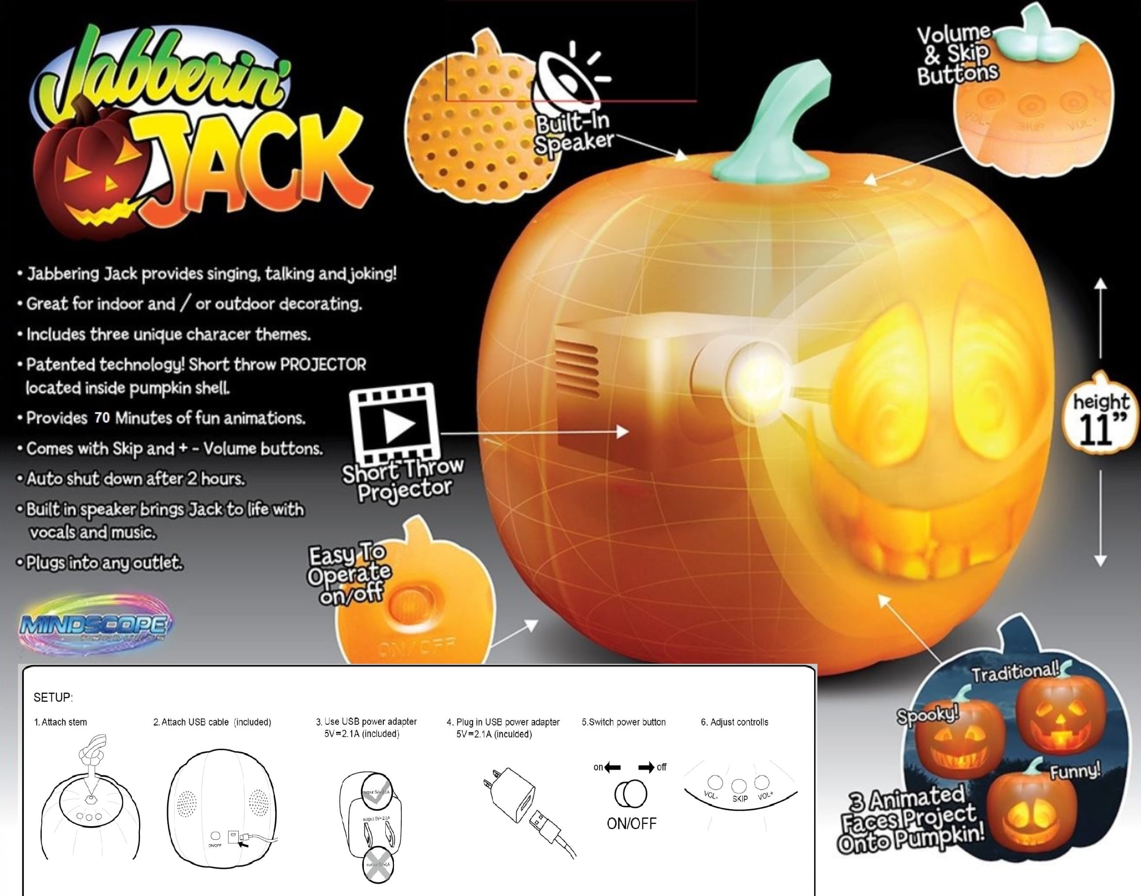 Mindscope Jabberin' Jack Animated Talking Pumpkin with Built-in Speaker ...