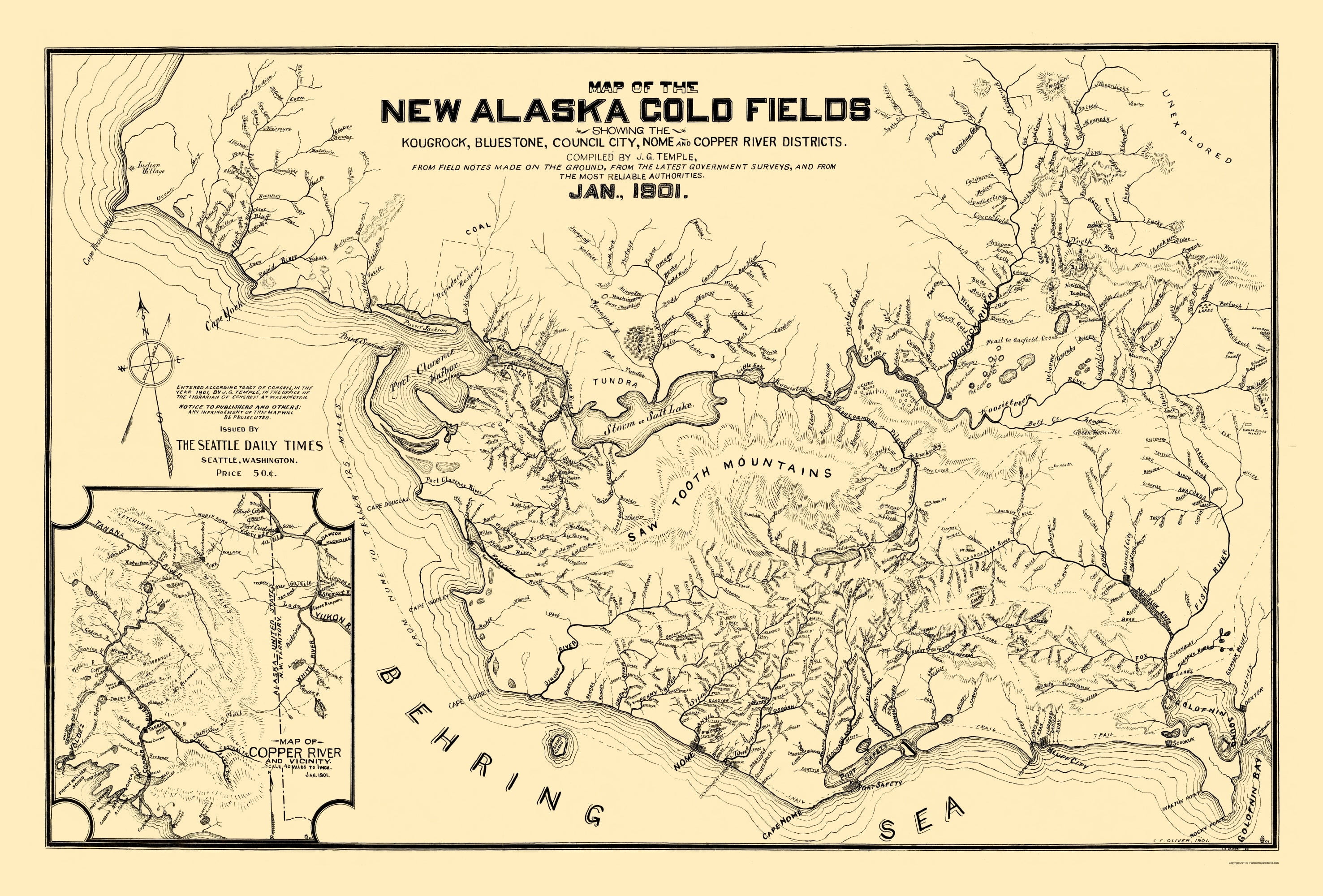 Historic Mine Map - Alaska Gold Fields - Temple 1901 - 23 x 33.96 ...