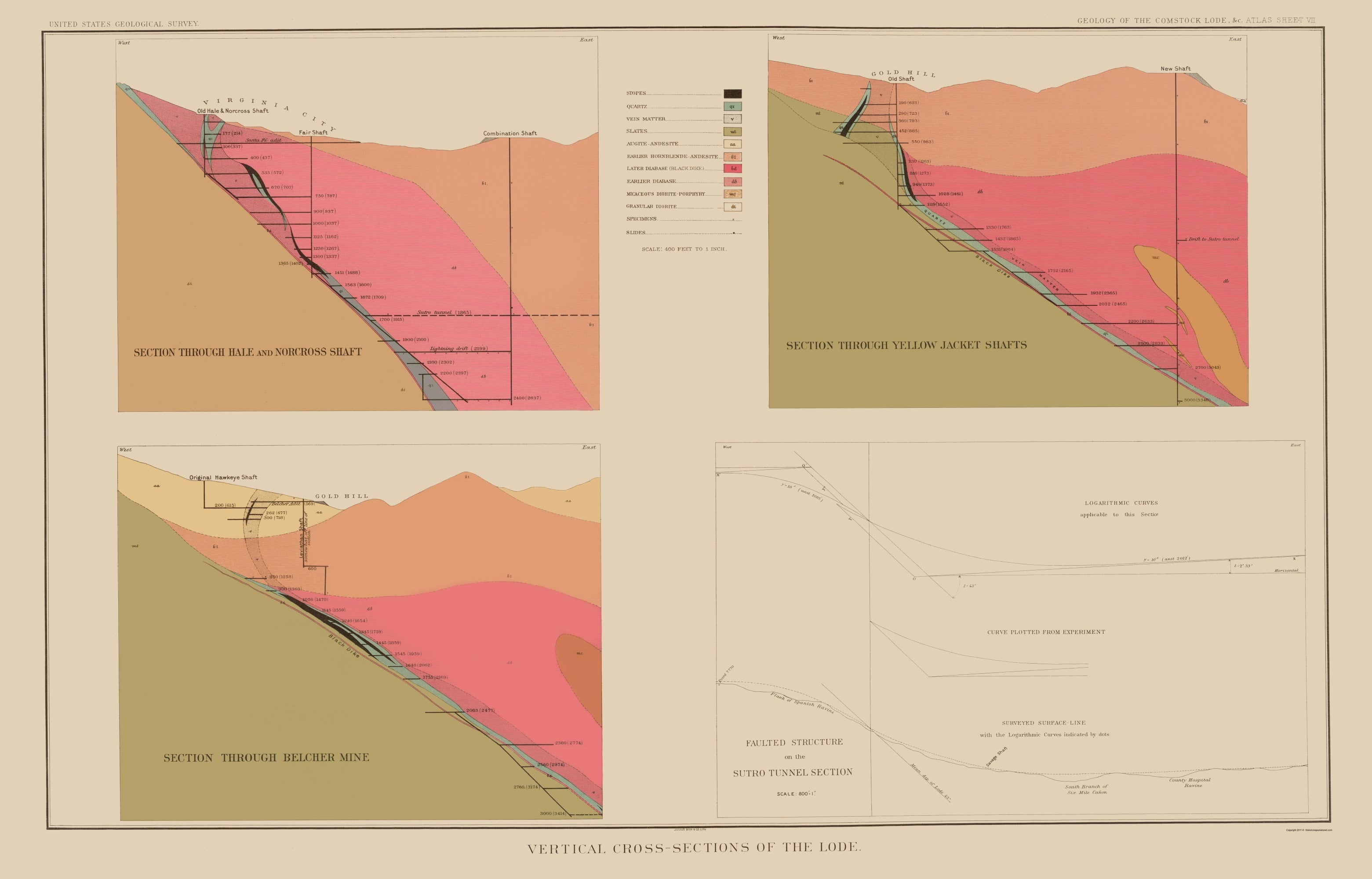 Historic Mine Map - Nevada Comstock Lode Geology 3 - Becker 1882 - 23 x ...