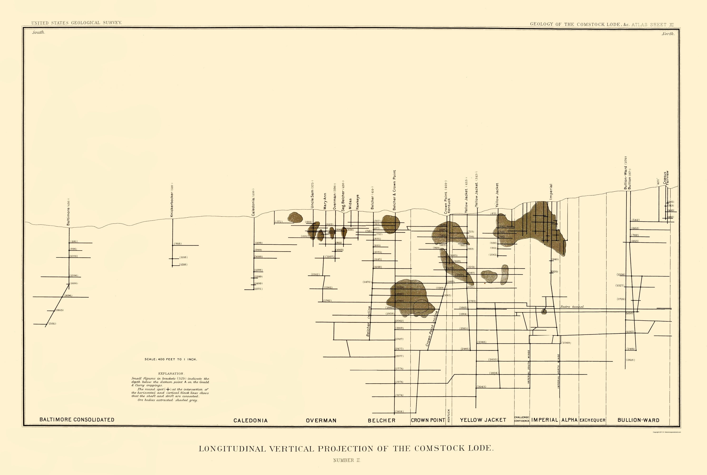 Historic Mine Map - Nevada Comstock Lode Vertical Projection 2 - Becker ...