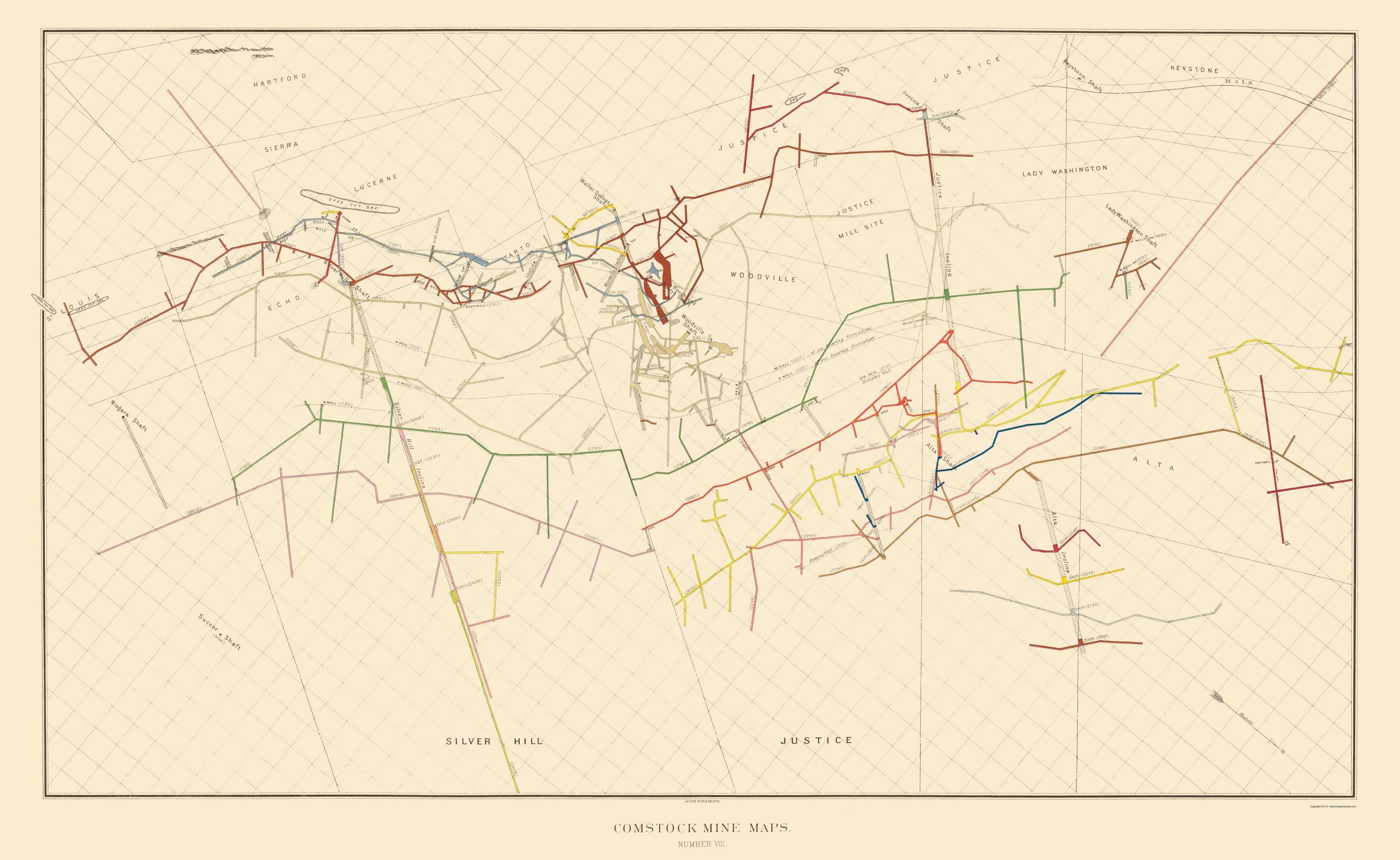 Historic Mine Map - Nevada Comstock Mine Number Eight - Becker 1882 ...
