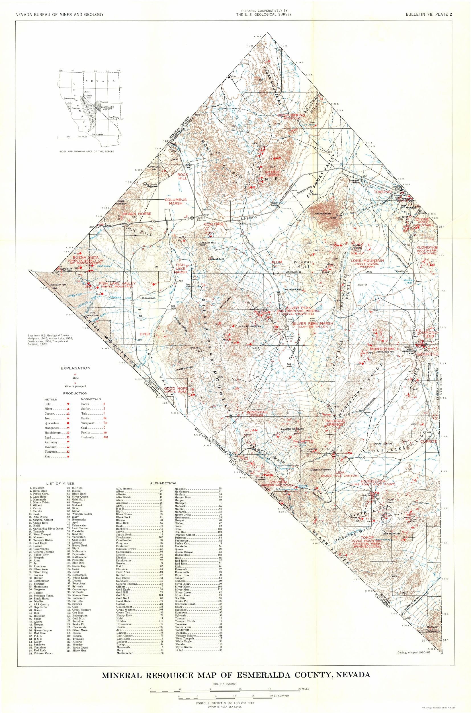 Historic Mine Map - Nevada Esmeralda County Minerals Mines - USGS 1945 ...