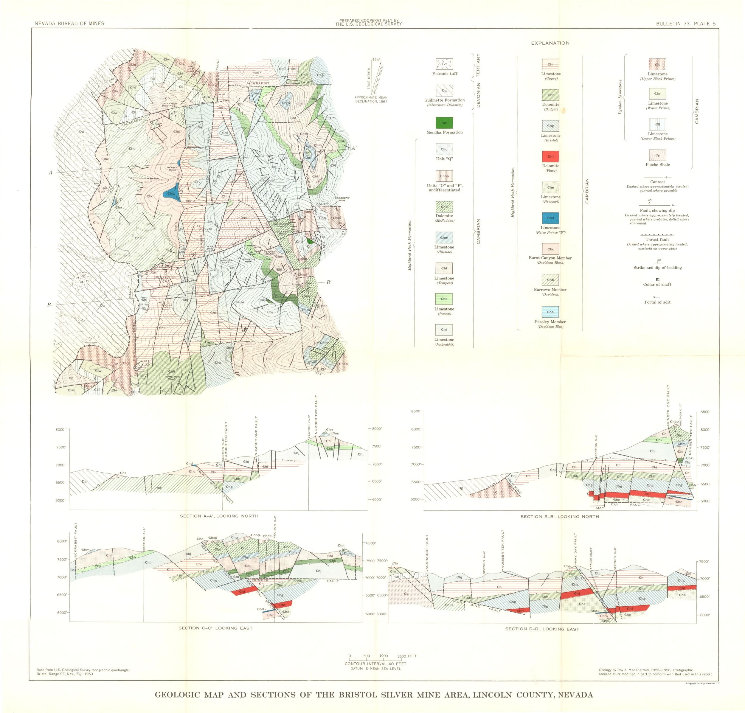 Historic Mine Map - Nevada Lincoln County Bristol Silver Mine - USGS ...